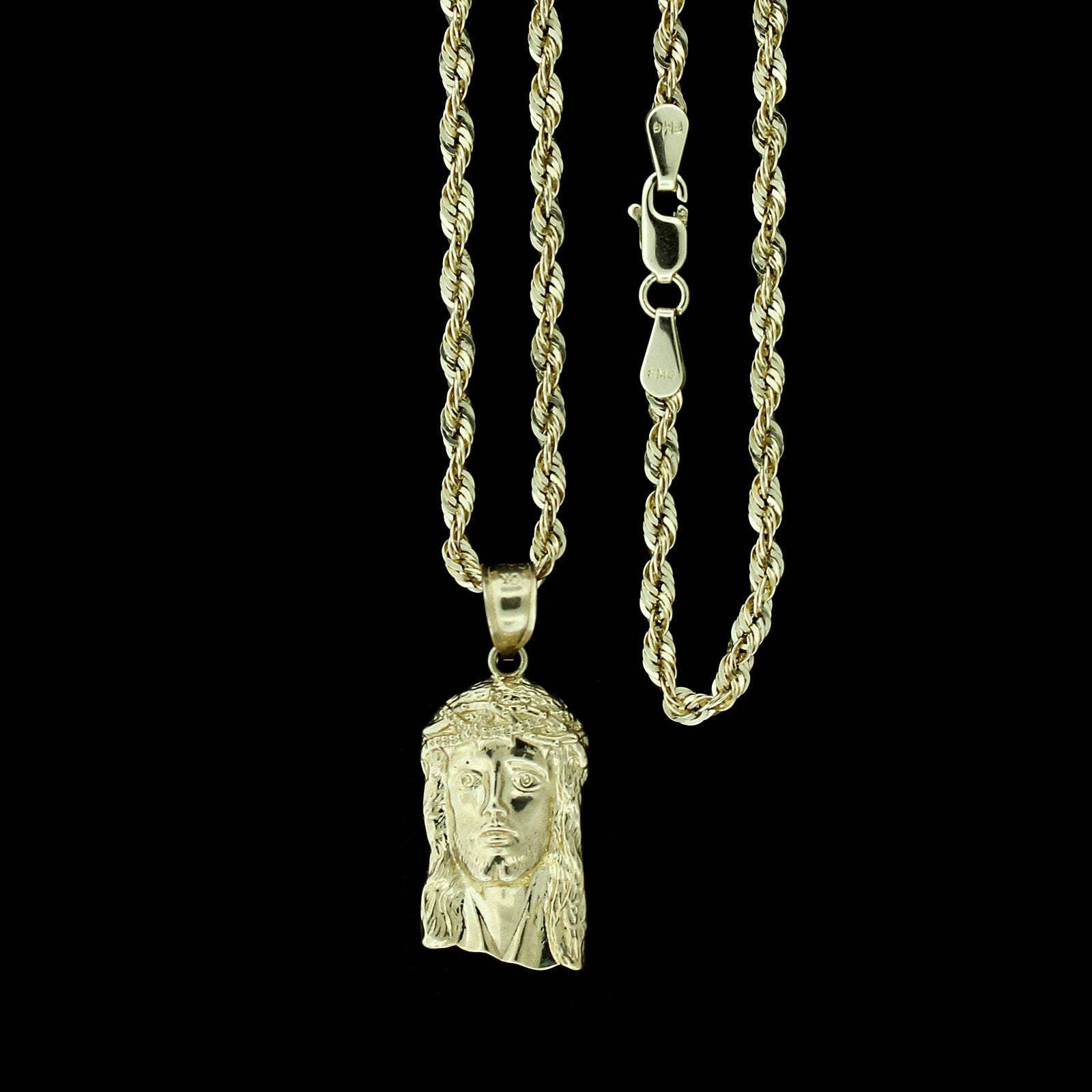 Real 10K Yellow Gold Jesus Head Face Charm Pendant & 2.5mm Rope Chain ...