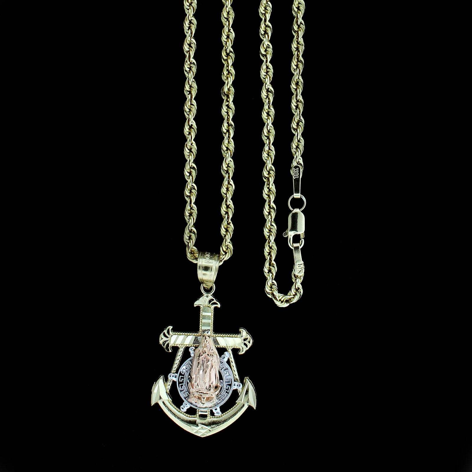 Real 10K Yellow Gold Virgin Mary Anchor Cross Charm Pendant & 2.5mm ...