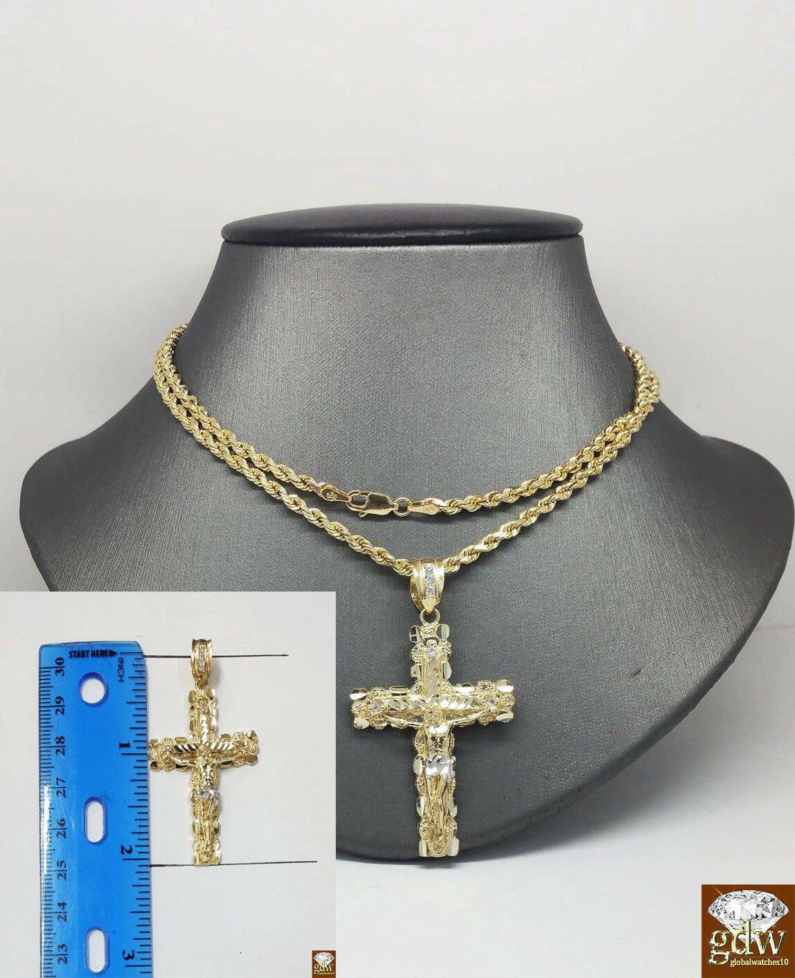 Real 10k Solid Yellow Gold Rope Chain 3mm Necklace With Jesus Crucifix ...