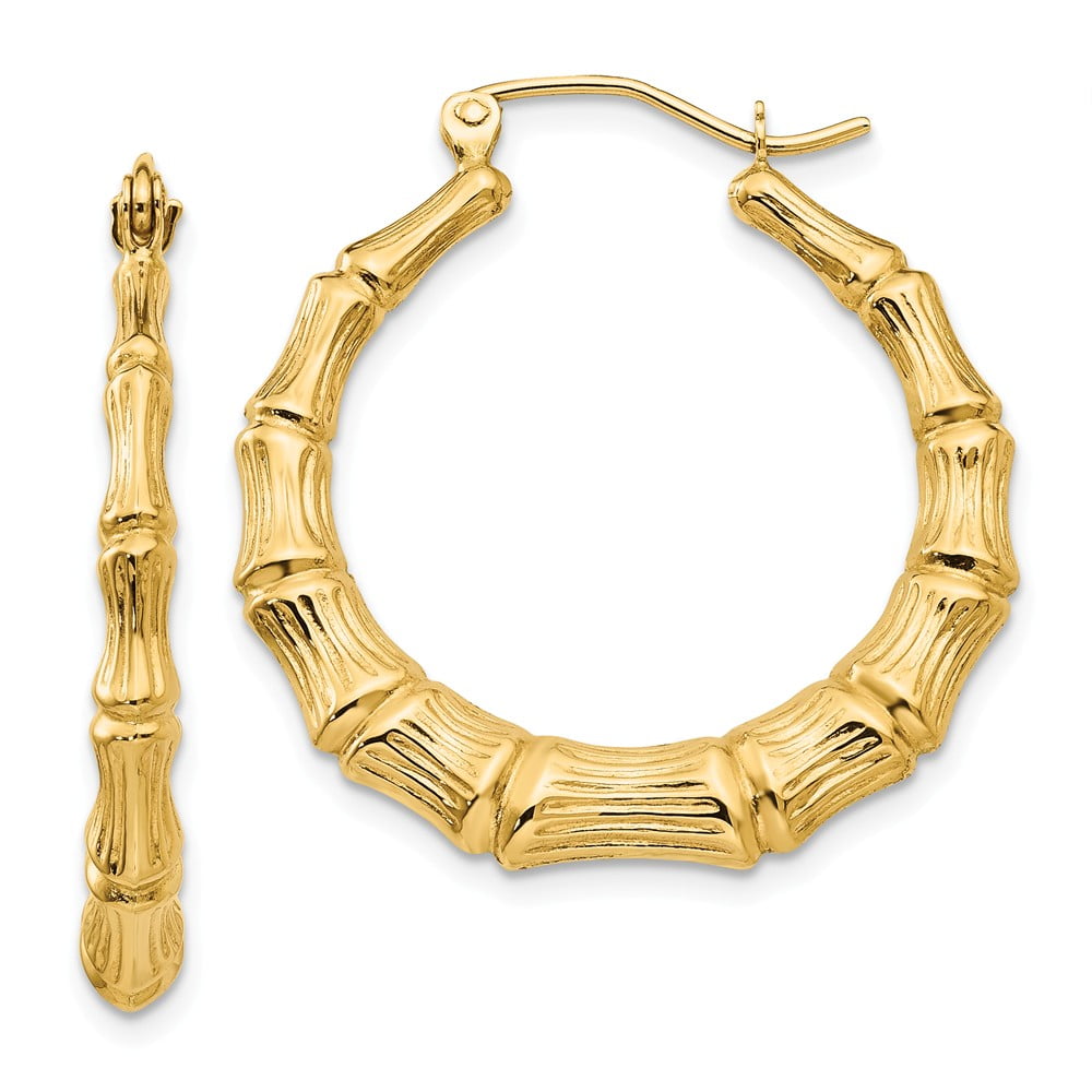 Real 14kt Yellow Gold Polished Bamboo Hoop Earrings; for Adults and ...