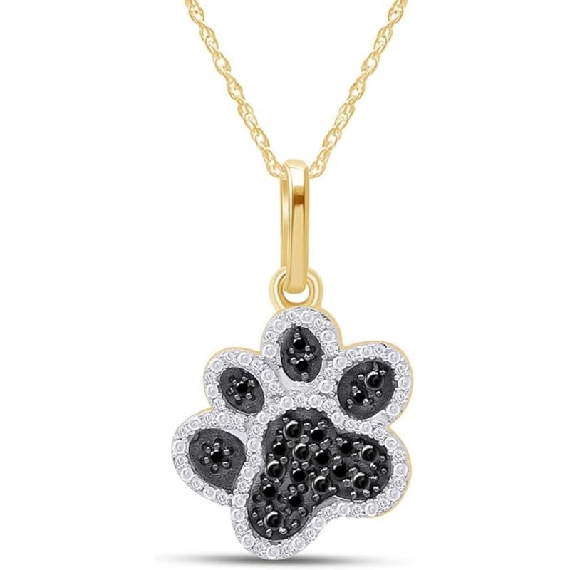 Real 925 Sterling Silver 14K Yellow Gold Plated Round Cut White & Black Diamond Dog Paw Pendant ...