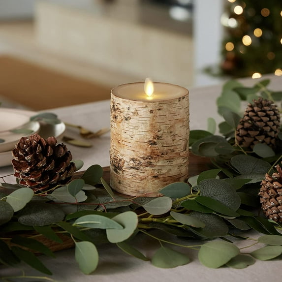 Real Birch Bark Wrapped Flameless LED Candle, 4" x 5.3", Battery ...
