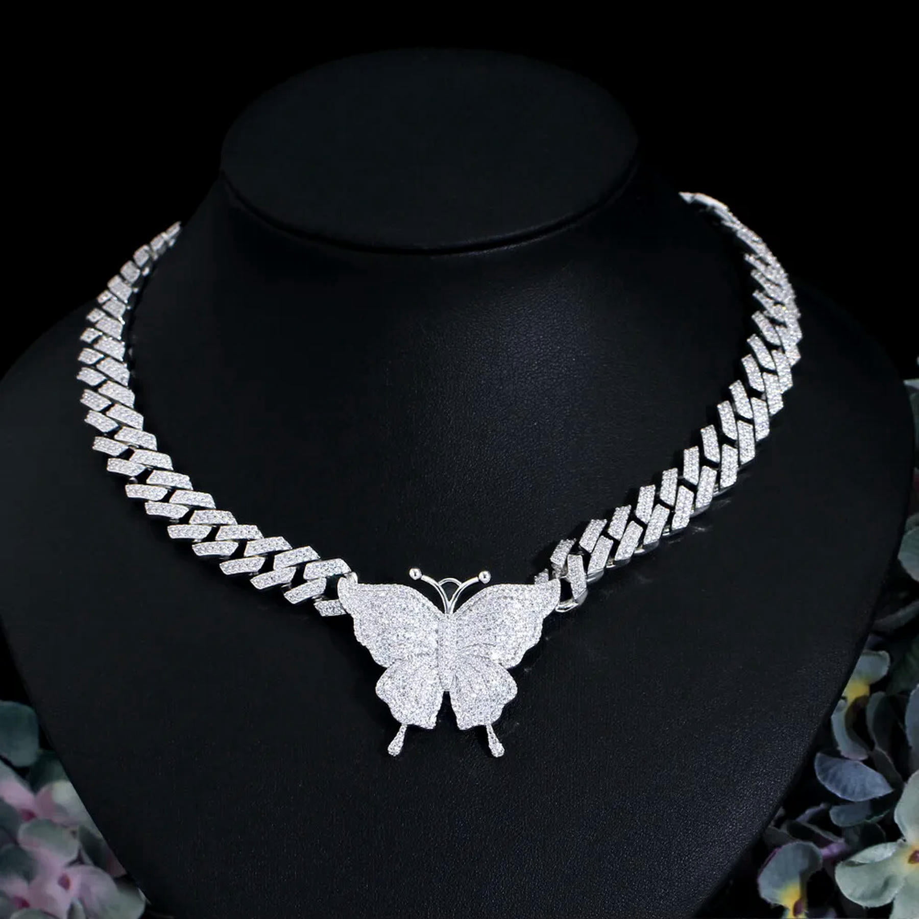 Real CZ Miami Cuban Link Chain Butterfly Necklace Silver Plated Hip Hop ...