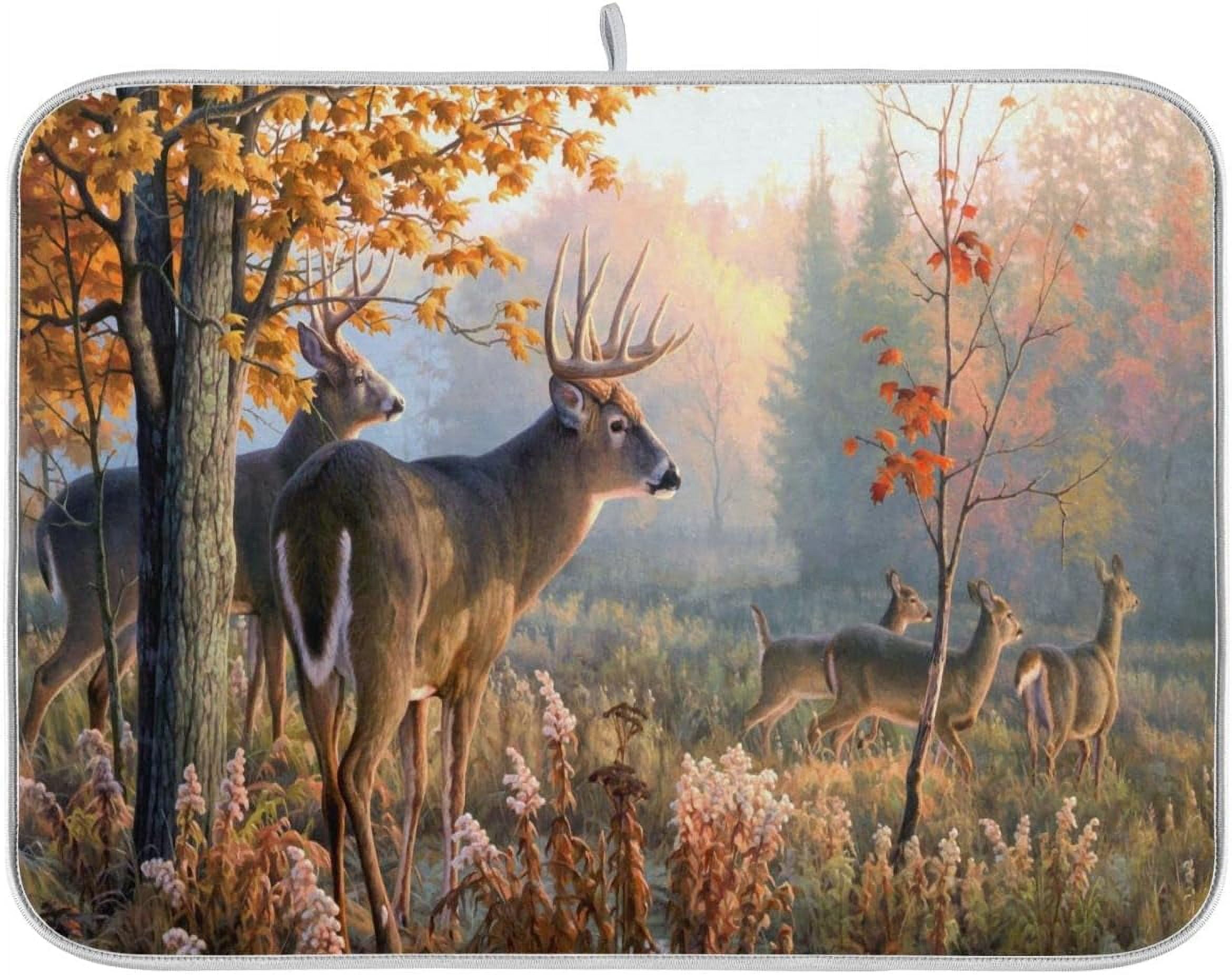 Real Deer Dish Drying Mat for Kitchen Fall Winter Animal Scenery Dishes ...
