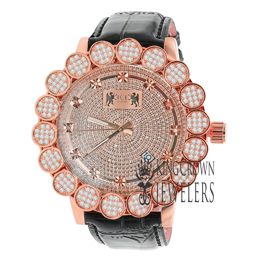 Real Diamond Dial Watch Micro Pave Flower Cluster Bezel 18K Rose Gold ...