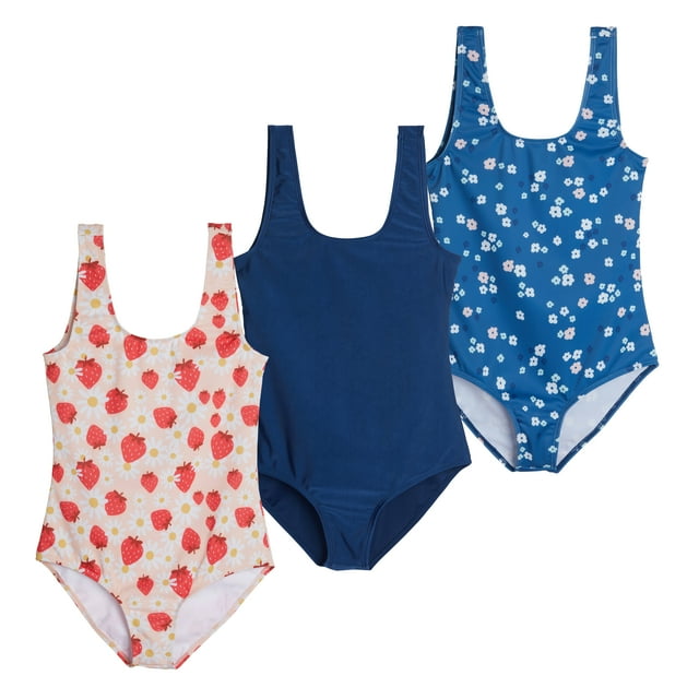 Real Essentials 3 Pack: Girl's Surf UPF 50+ Printed One Piece Beach ...