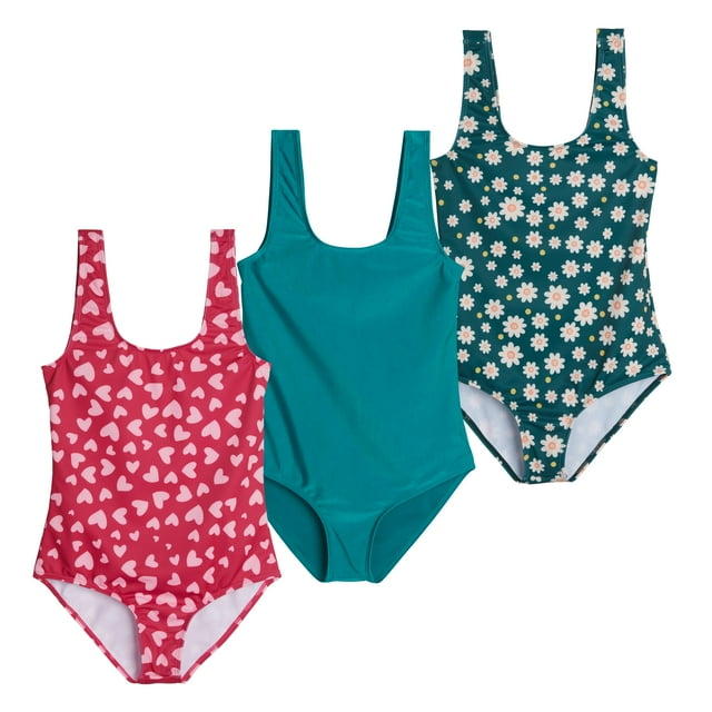 Real Essentials 3 Pack: Girl's Surf UPF 50+ Printed One Piece Beach ...