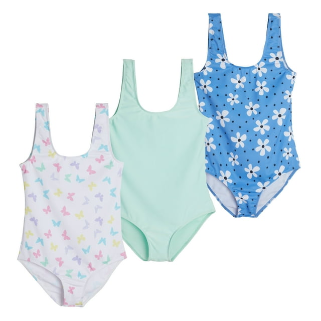 Real Essentials 3 Pack: Girl's Surf UPF 50+ Printed One Piece Beach ...