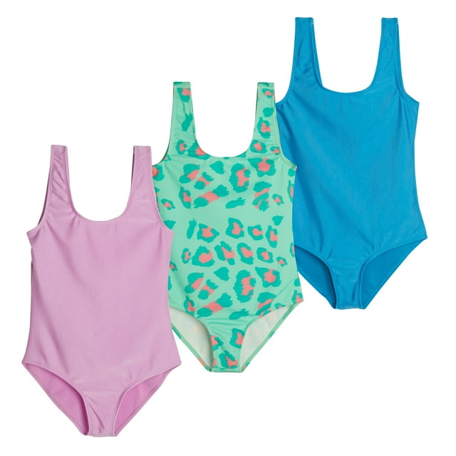 Real Essentials 3 Pack: Girl's Surf UPF 50+ Printed One Piece Beach ...