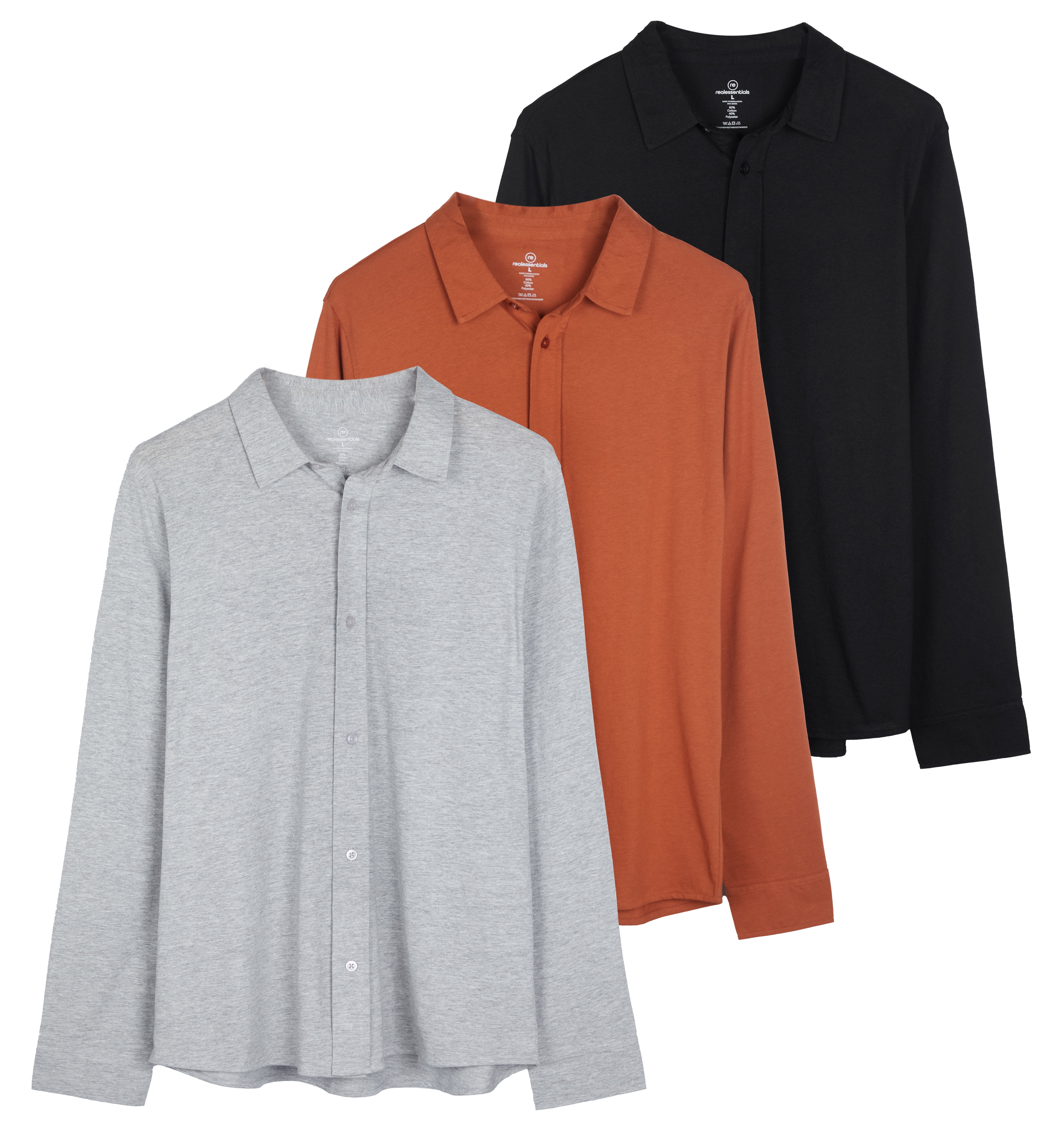 Real Essentials 3-Pack: Men's Classic Style Casual Long Sleeve Button ...