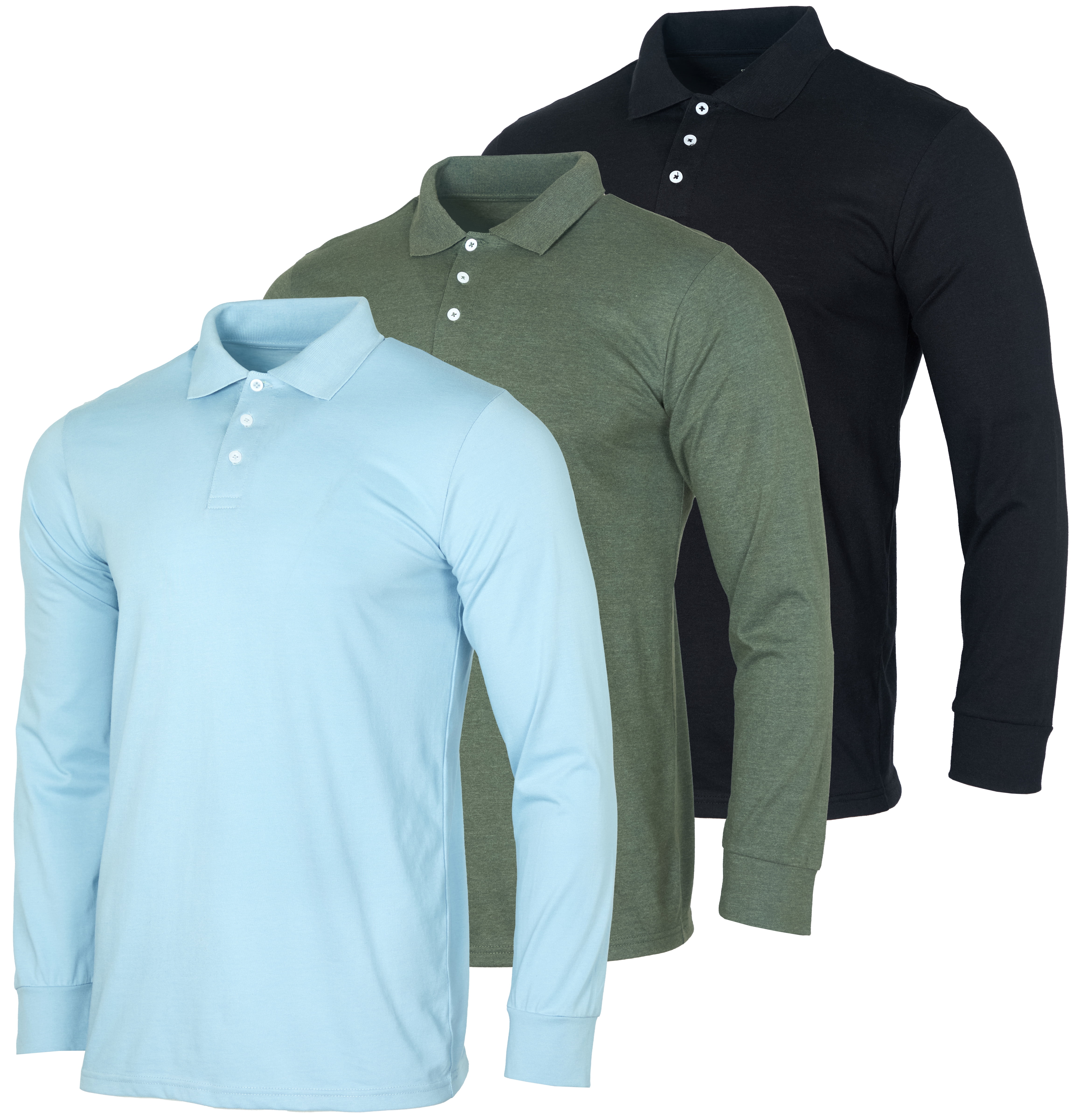 Real Essentials 3 Pack Men's Cotton Jersey Long-Sleeve Polo Shirt ...
