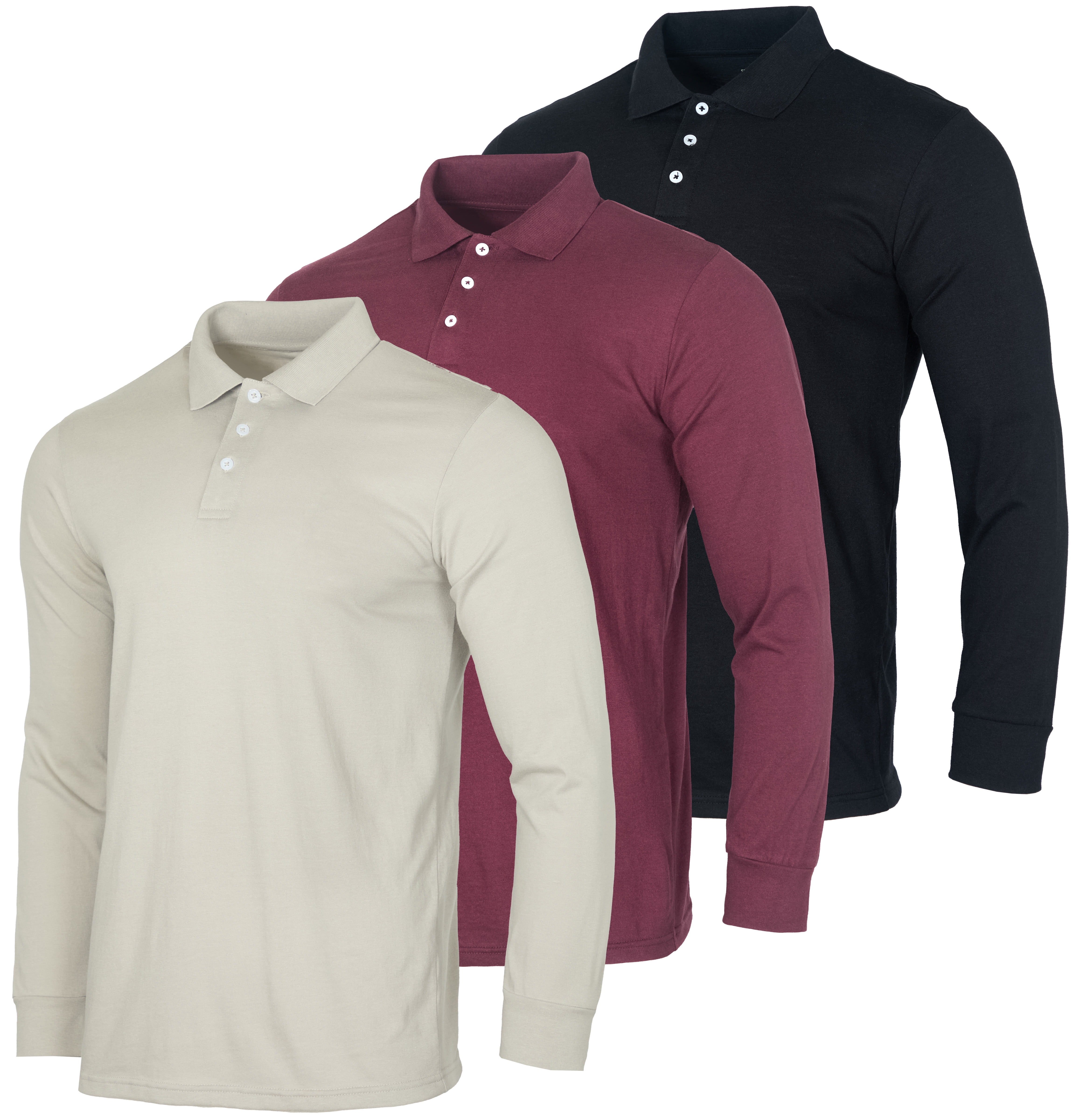 Real Essentials 3 Pack Men's Cotton Jersey Long-Sleeve Polo Shirt ...