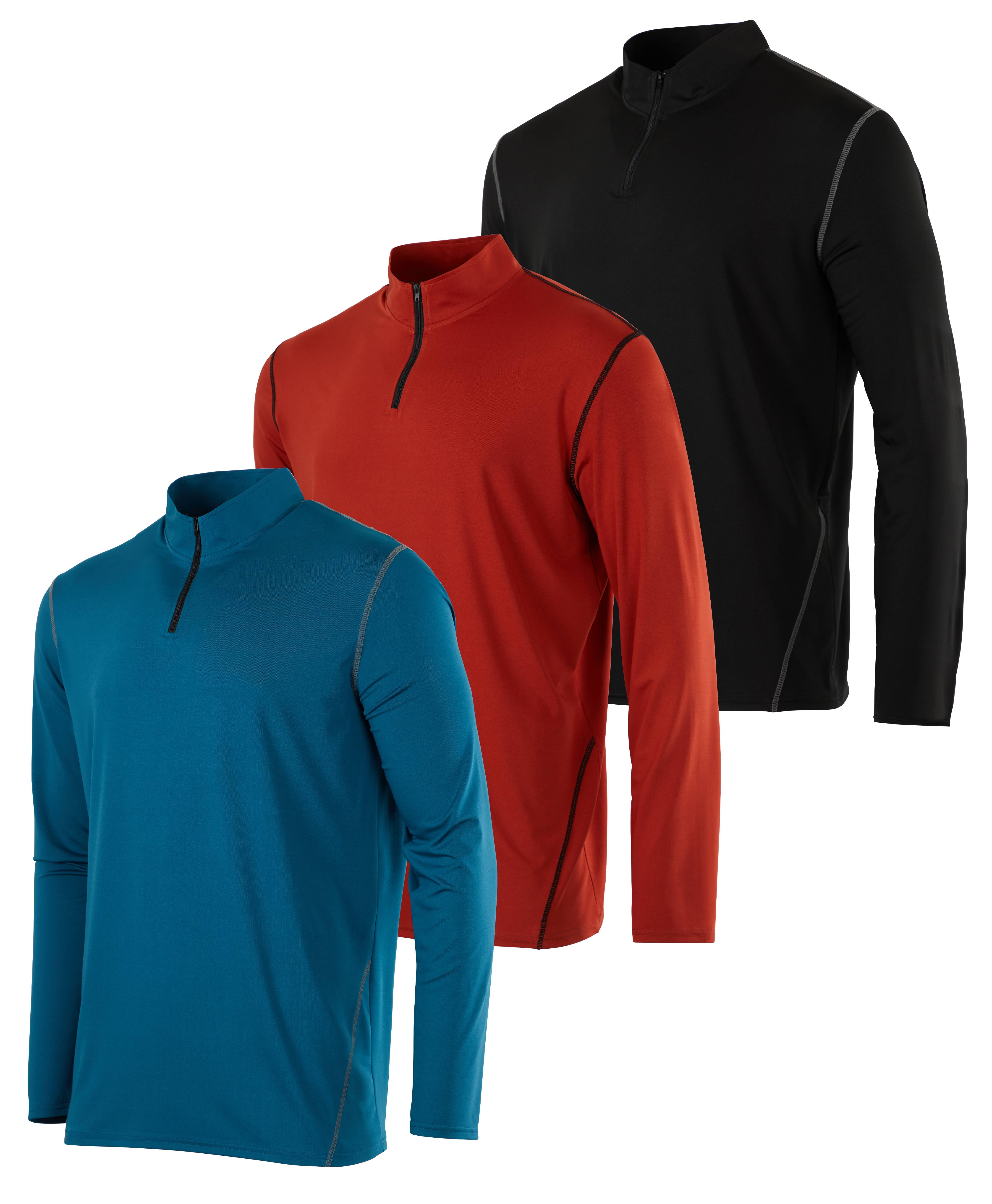 Real Essentials 3 Pack: Men's Dry-Fit Active Quarter Zip Long Sleeve Athletic Performance ...