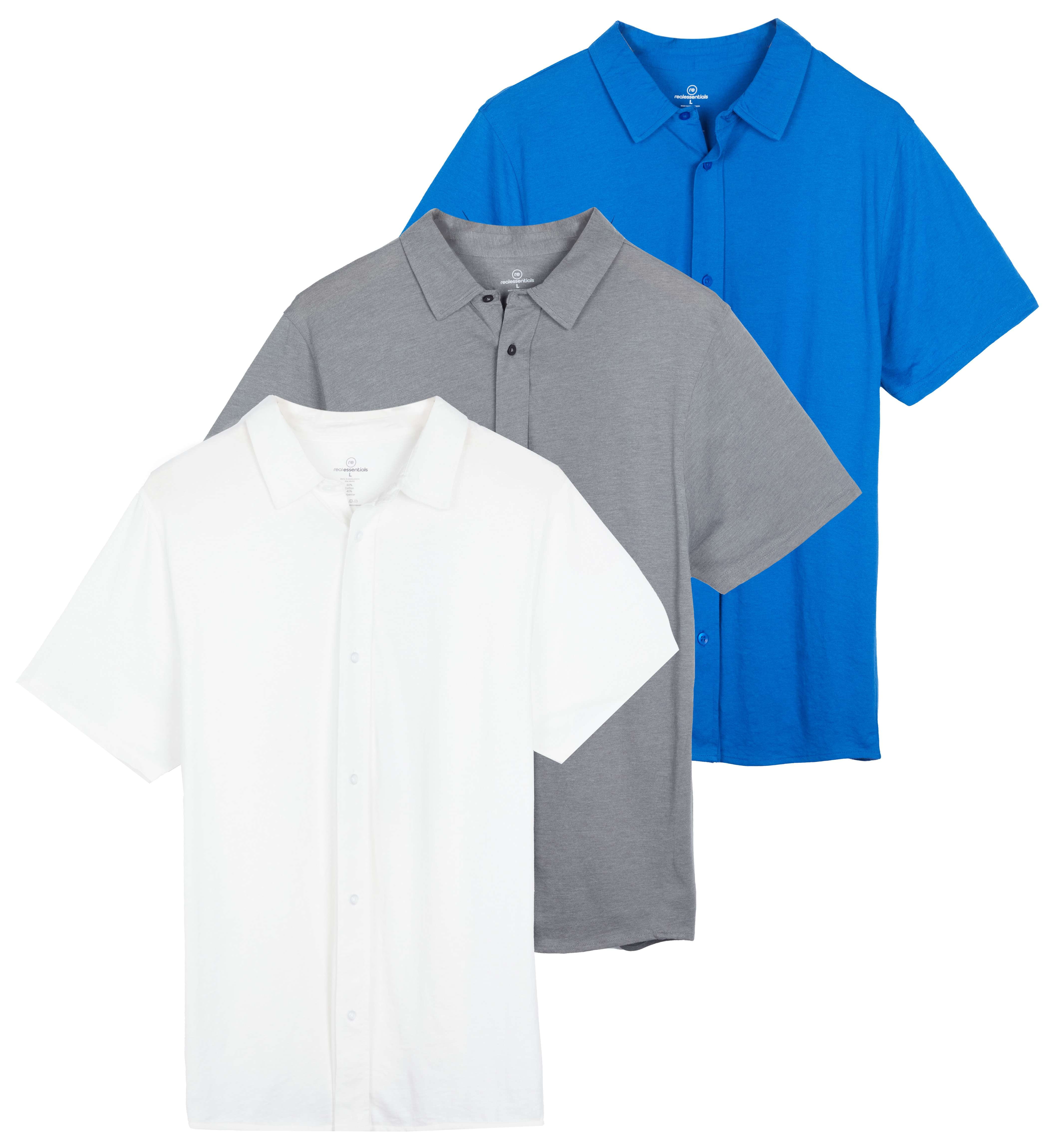 Real Essentials 3-Pack: Men's Regular Fit Casual Short Sleeve Button ...