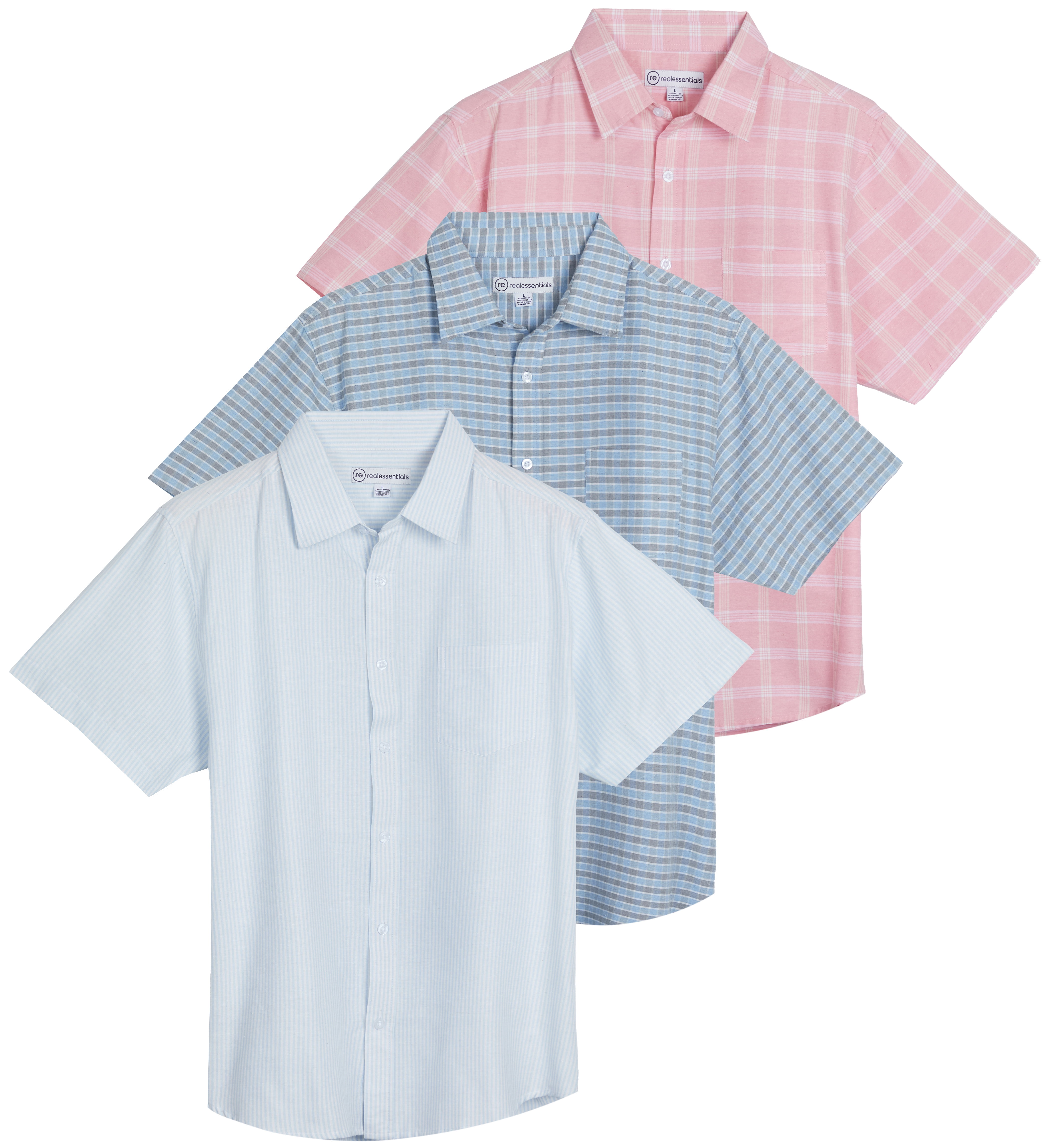 Real Essentials 3-Pack: Men's Regular-Fit Short Sleeve Poplin Button ...