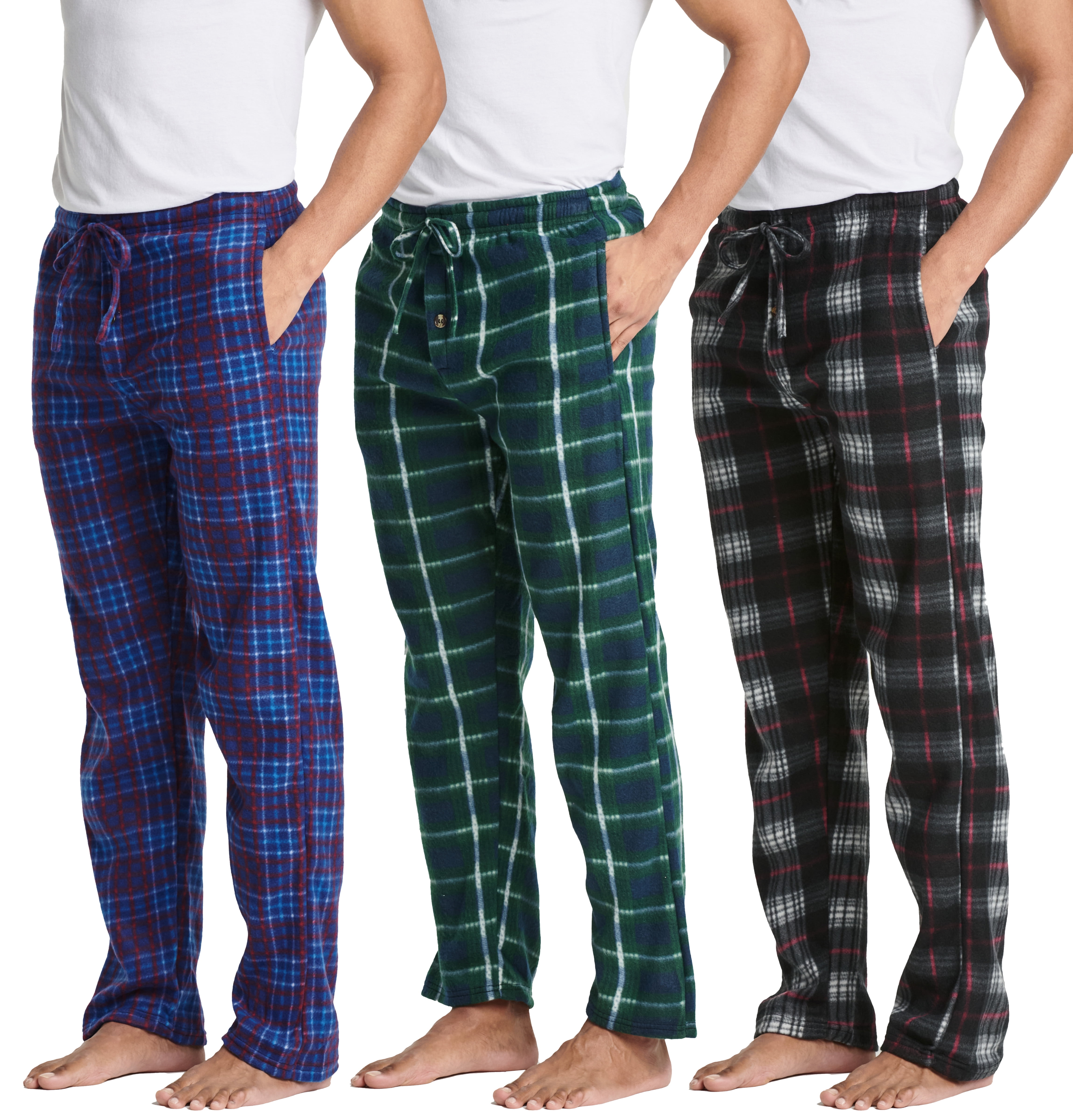 Real Essentials 3 Pack: Mens Fleece Plaid Pajama Pants - Lounge Pajama ...
