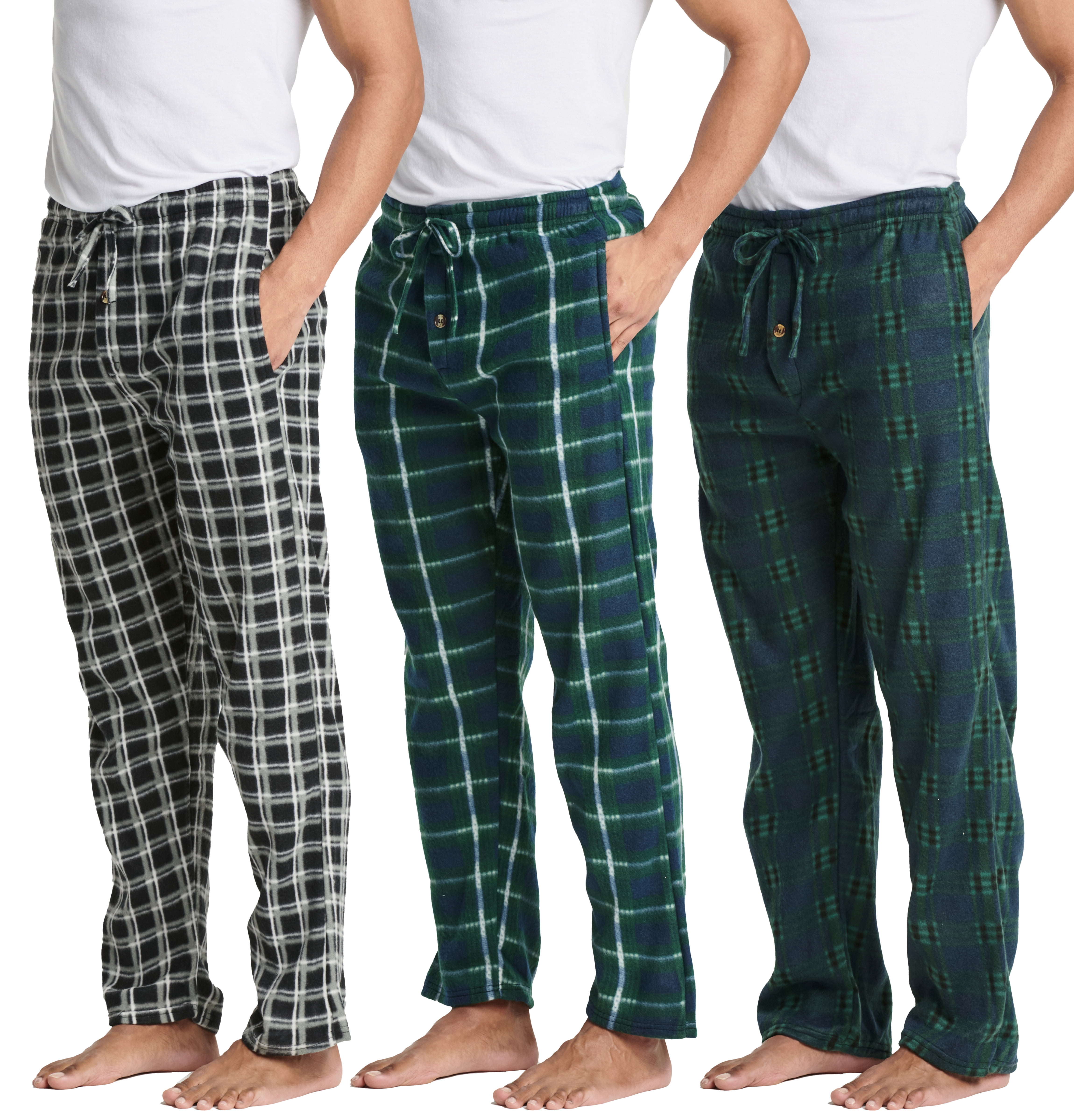 Real Essentials 3 Pack: Mens Fleece Plaid Pajama Pants - Lounge Pajama ...