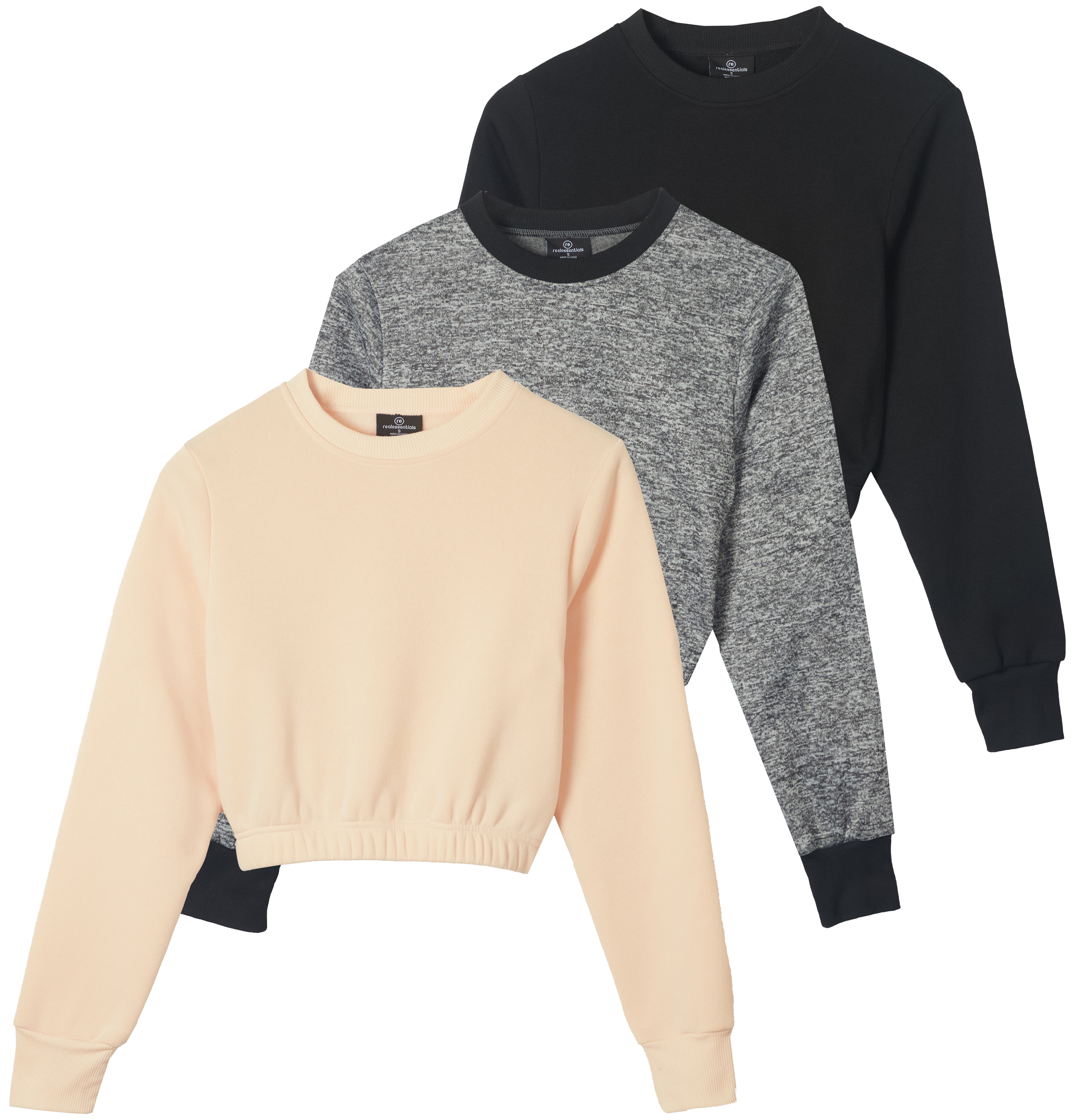 Real Essentials 3 Pack: Women's Fleece Cropped Sweatshirt - Long Sleeve Crew Neck Crop Top ...