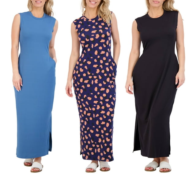 Real Essentials Women's Sleeveless Loose Tank Maxi Dress 3 Pack with ...