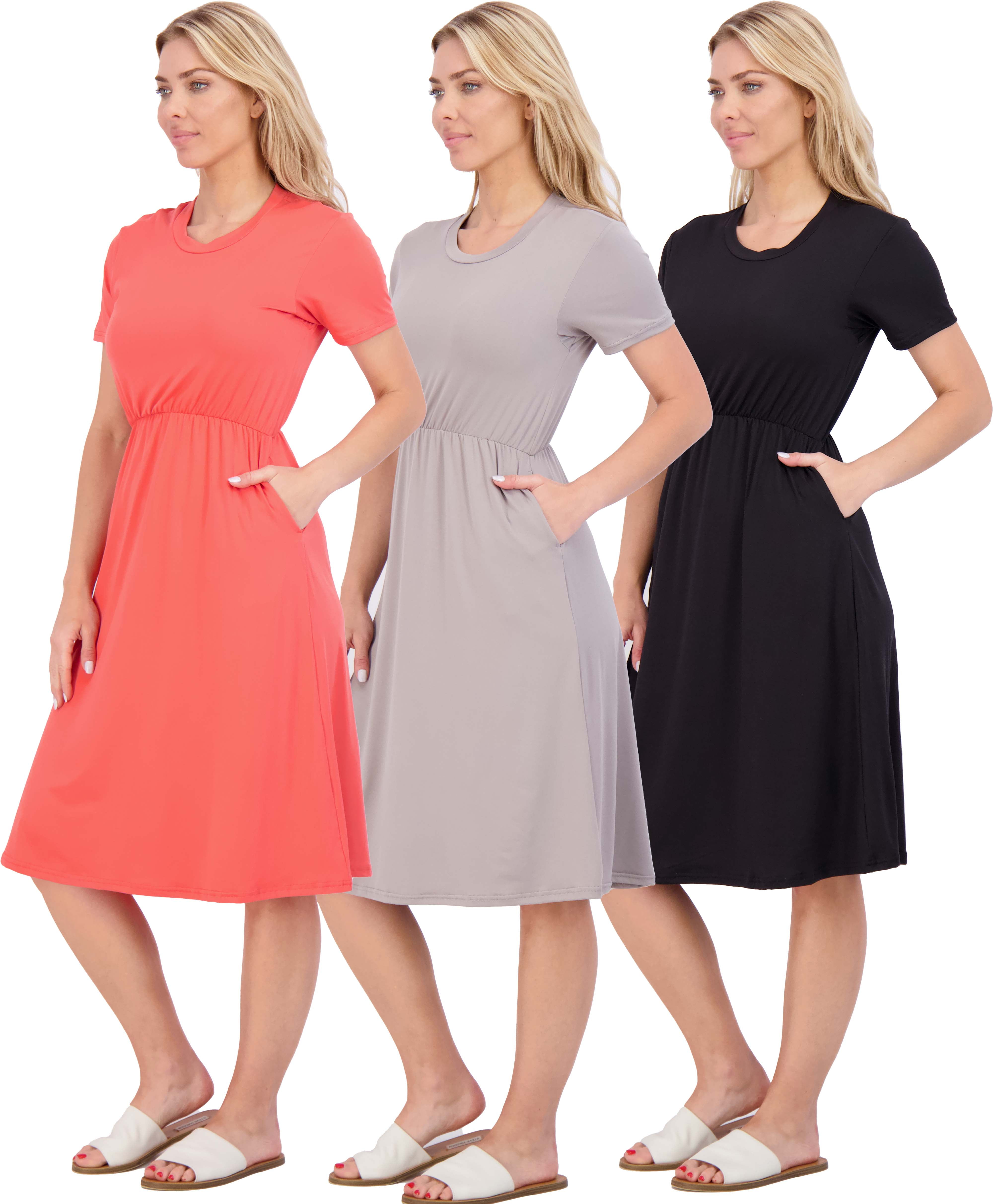 Real Essentials 3-Pack: Women's Midi T-Shirt Dress, Elastic Waist ...