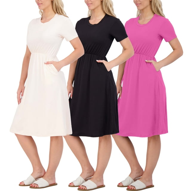 Real Essentials 3-Pack: Women's Midi Short Sleeve Soft T-Shirt Dress ...