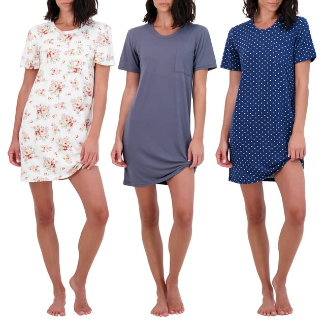 Real Essentials 3 Pack: Women's Nightshirt Short Sleeve Soft Nightgown ...