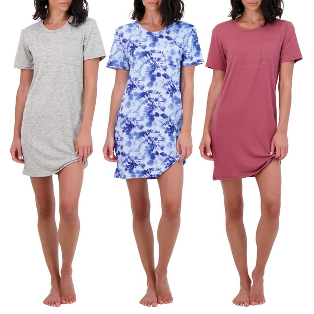 Real Essentials 3 Pack: Women's Nightshirt Short Sleeve Soft Nightgown ...