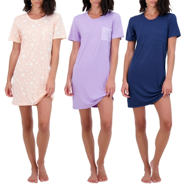 Real Essentials 3 Pack: Women's Nightshirt Short Sleeve Soft Nightgown ...