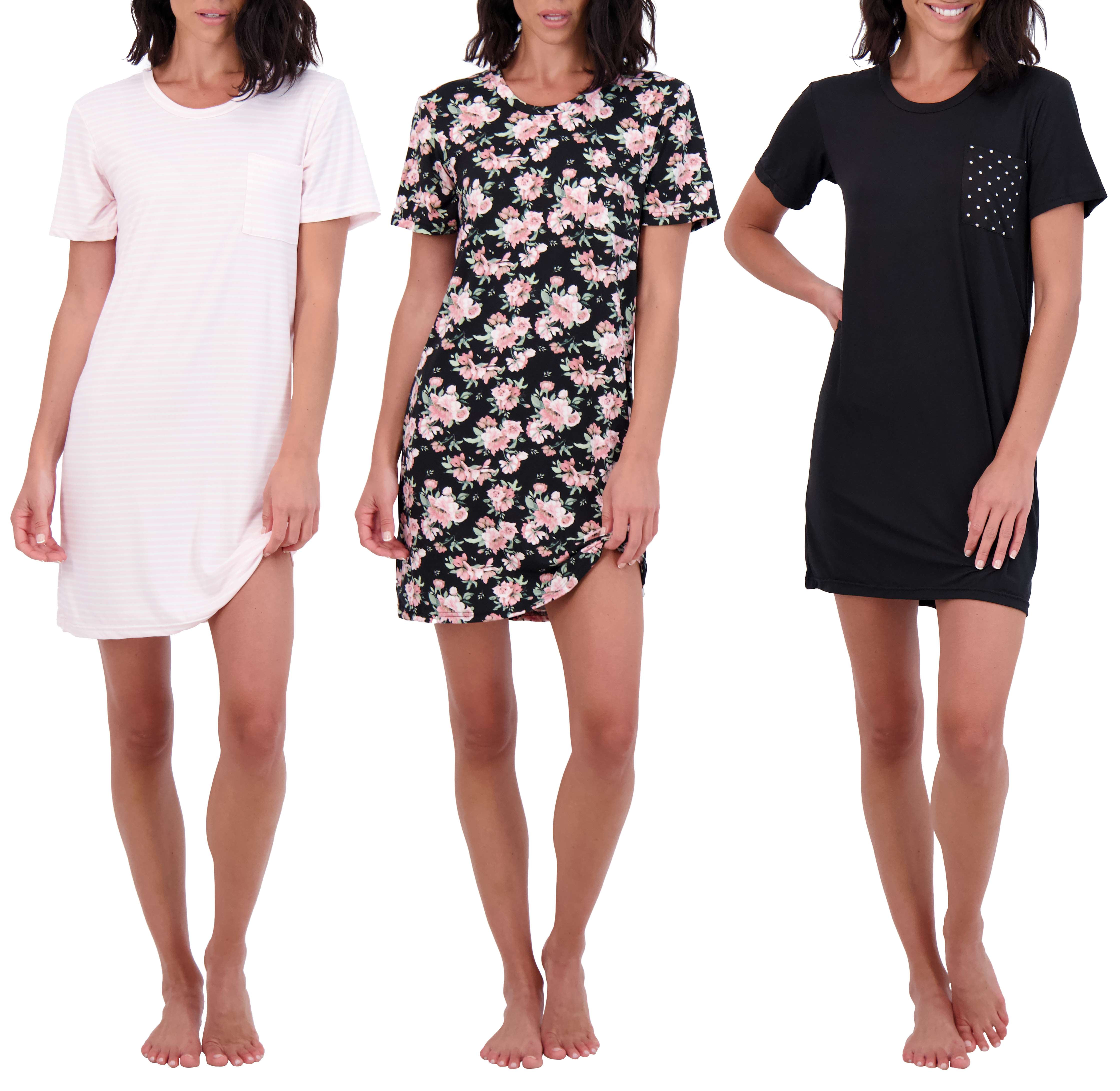 Real Essentials 3 Pack: Women's Printed Nightshirt Short Sleeve Ultra ...