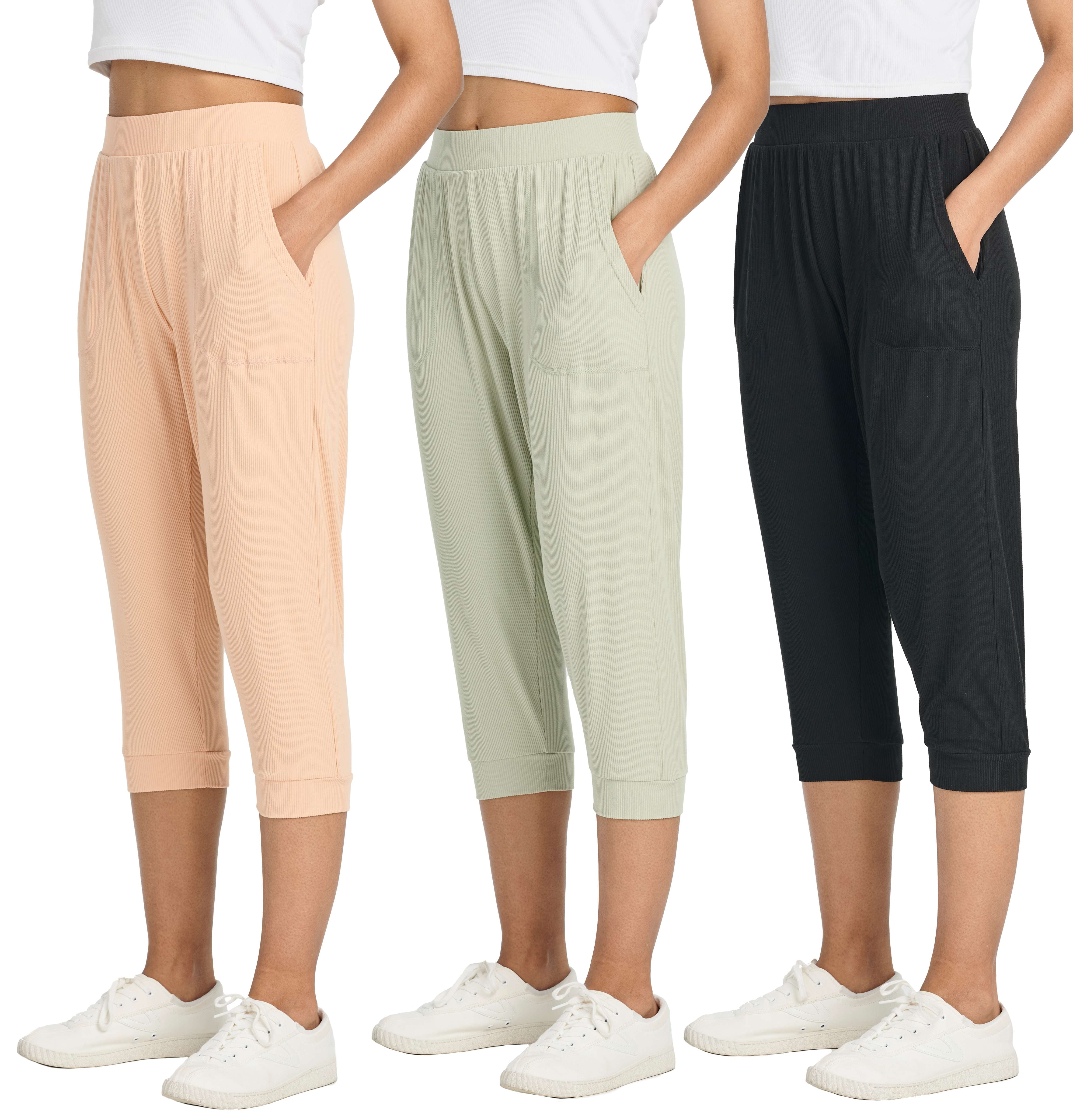 Real Essentials 3 Pack: Women's Ribbed Capri Jogger Lounge Sweatpants with Pockets Yoga Workout ...