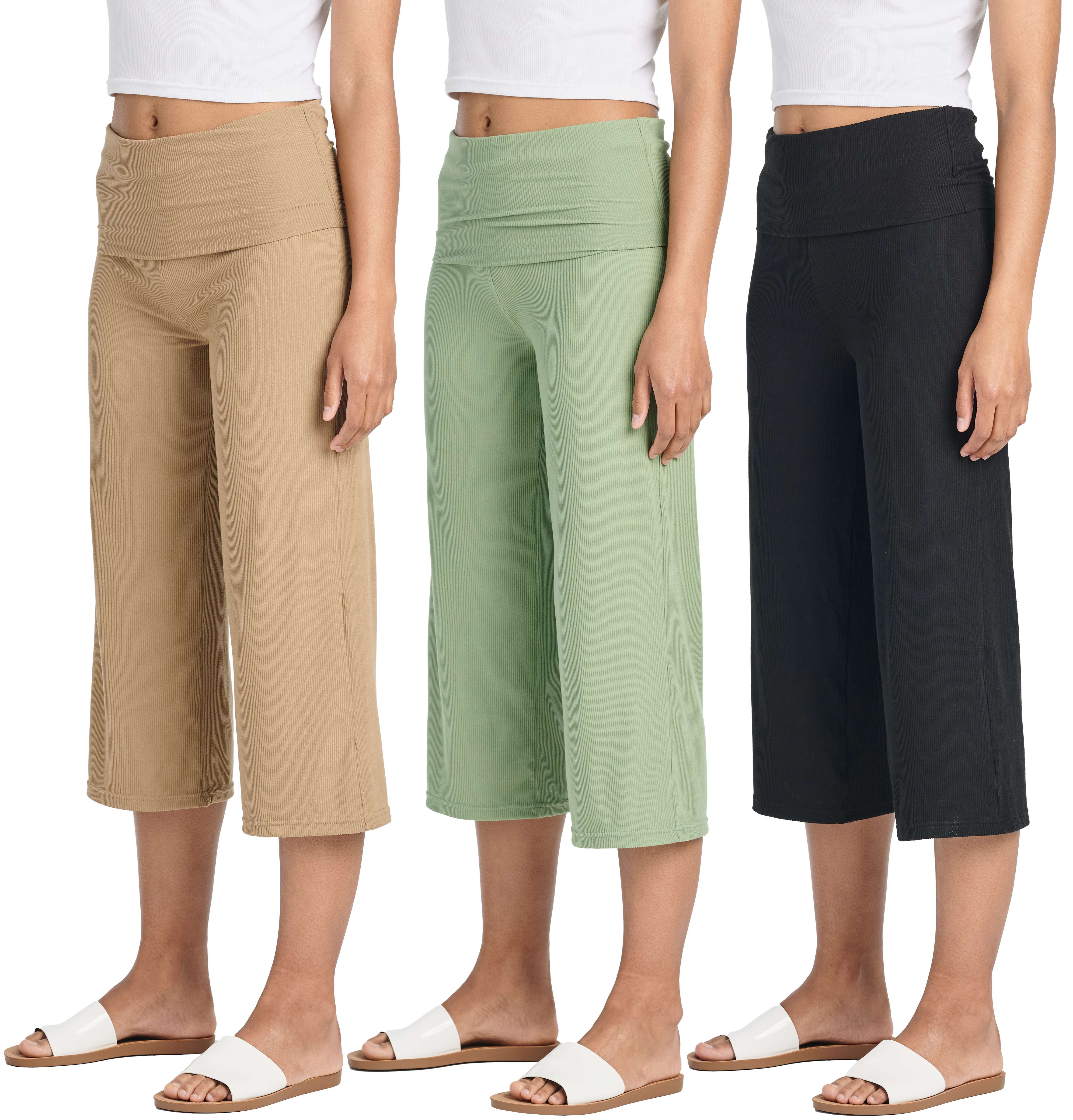 Real Essentials 3 Pack: Women's Ribbed Foldover Wide Leg Loose Capri ...