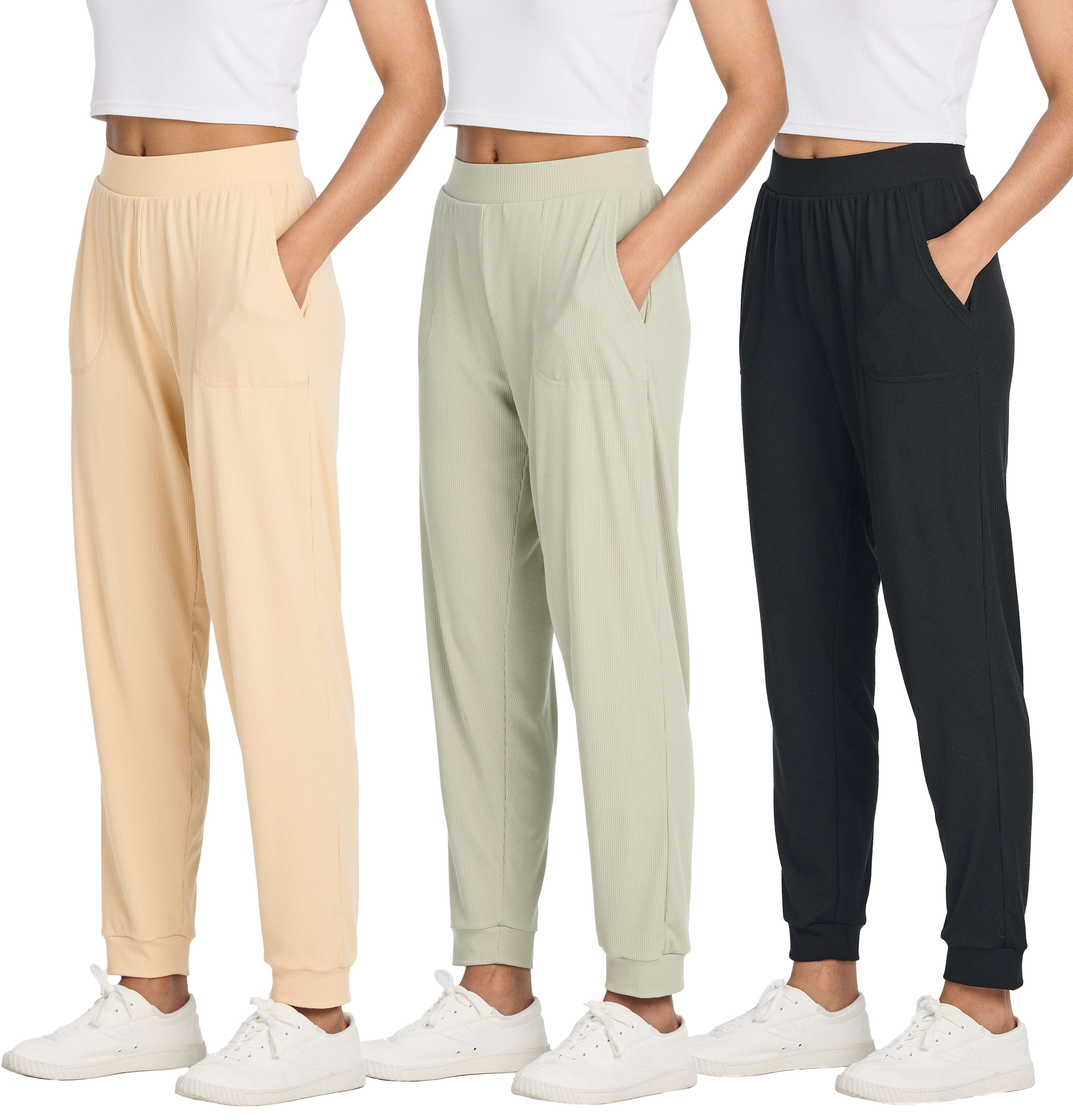 Real Essentials 3 Pack: Women's Ribbed Lounge Jogger Cuffed Yoga ...