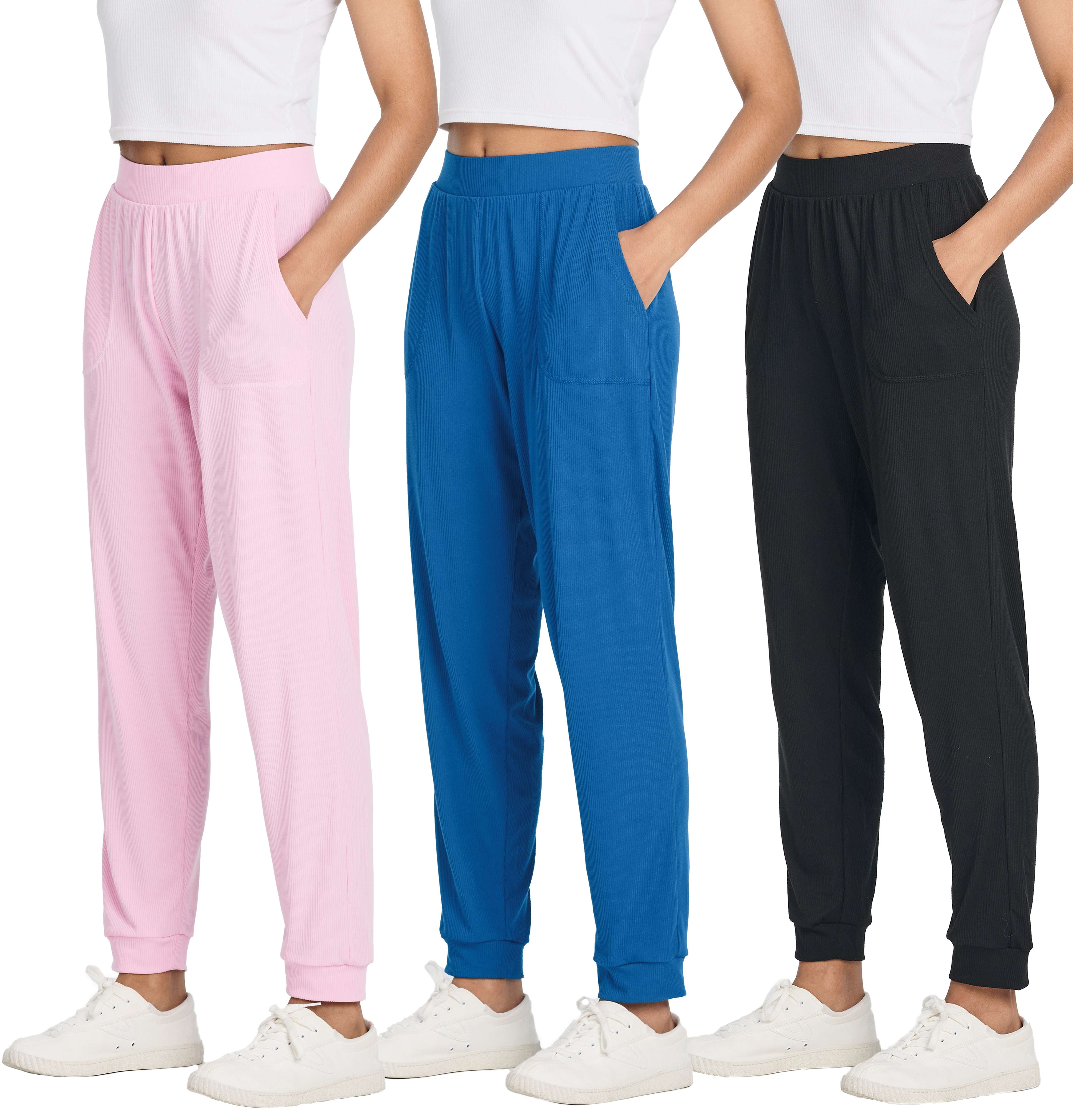 Real Essentials 3 Pack: Women's Ribbed Lounge Jogger Cuffed Yoga ...