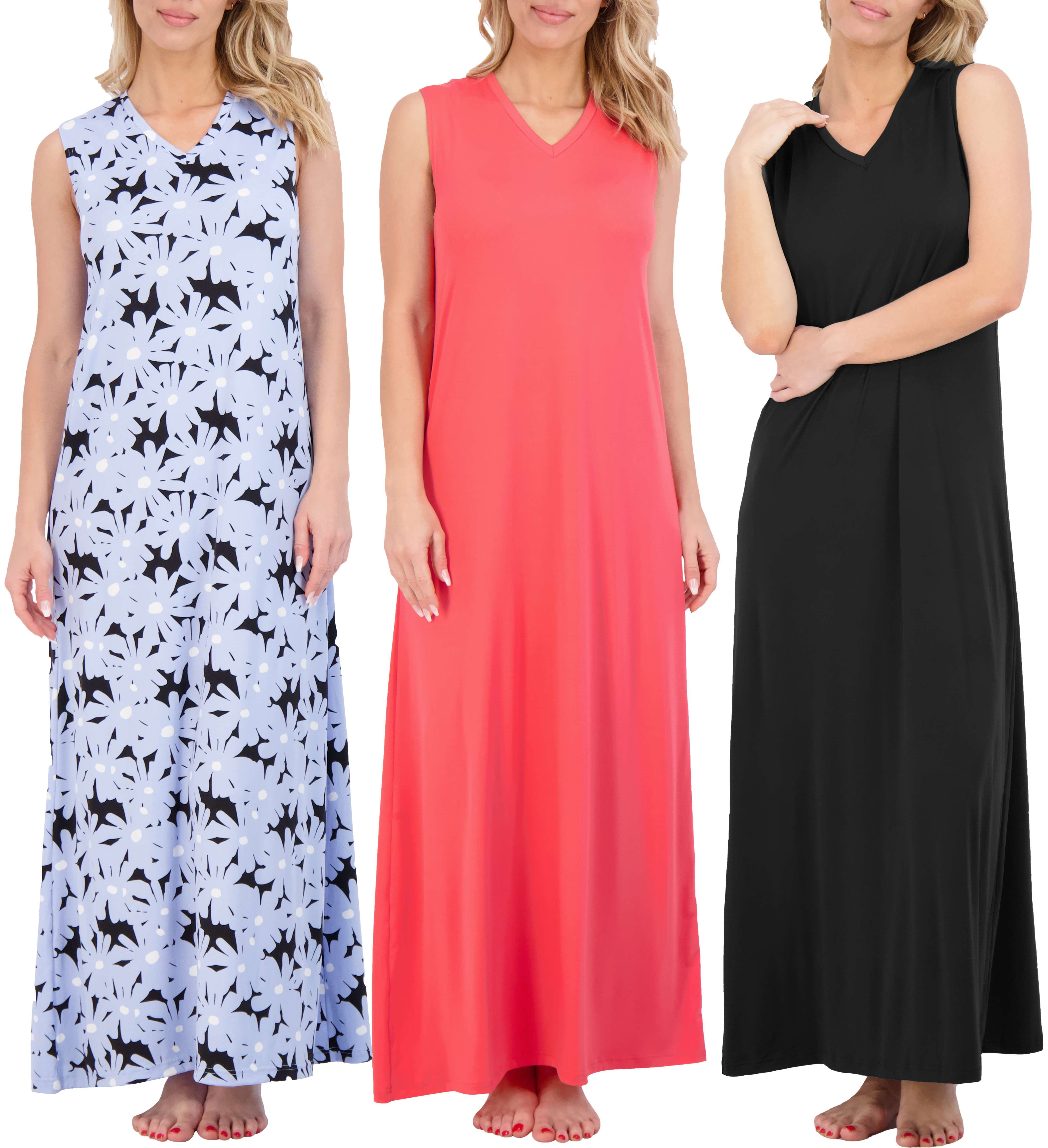 Real Essentials 3 Pack: Women's Soft Tank Nightgown Sleeveless ...