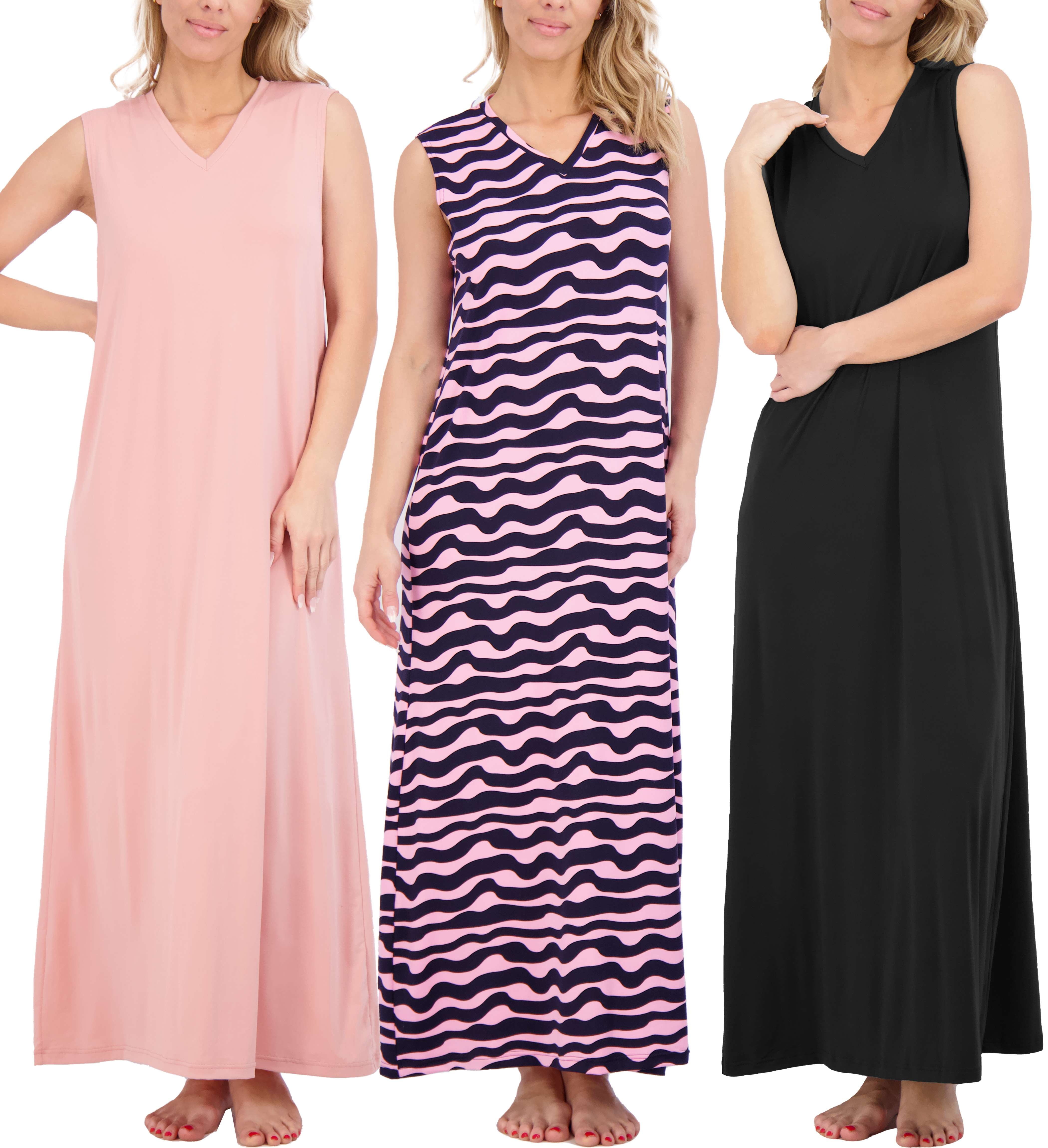 Real Essentials Women's 3-Pack Soft V-Neck Tank Nightgowns, Sleeveless ...