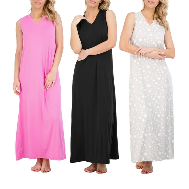 Real Essentials 3 Pack: Women's Soft Tank Nightgown Sleeveless ...