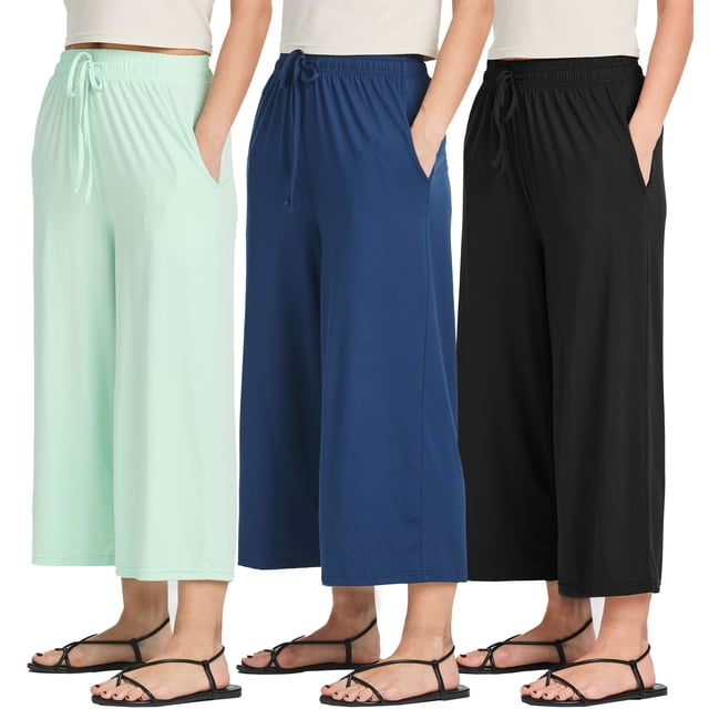 Real Essentials 3 Pack: Women's Ultra-Soft Wide Leg Loose Capri Open ...