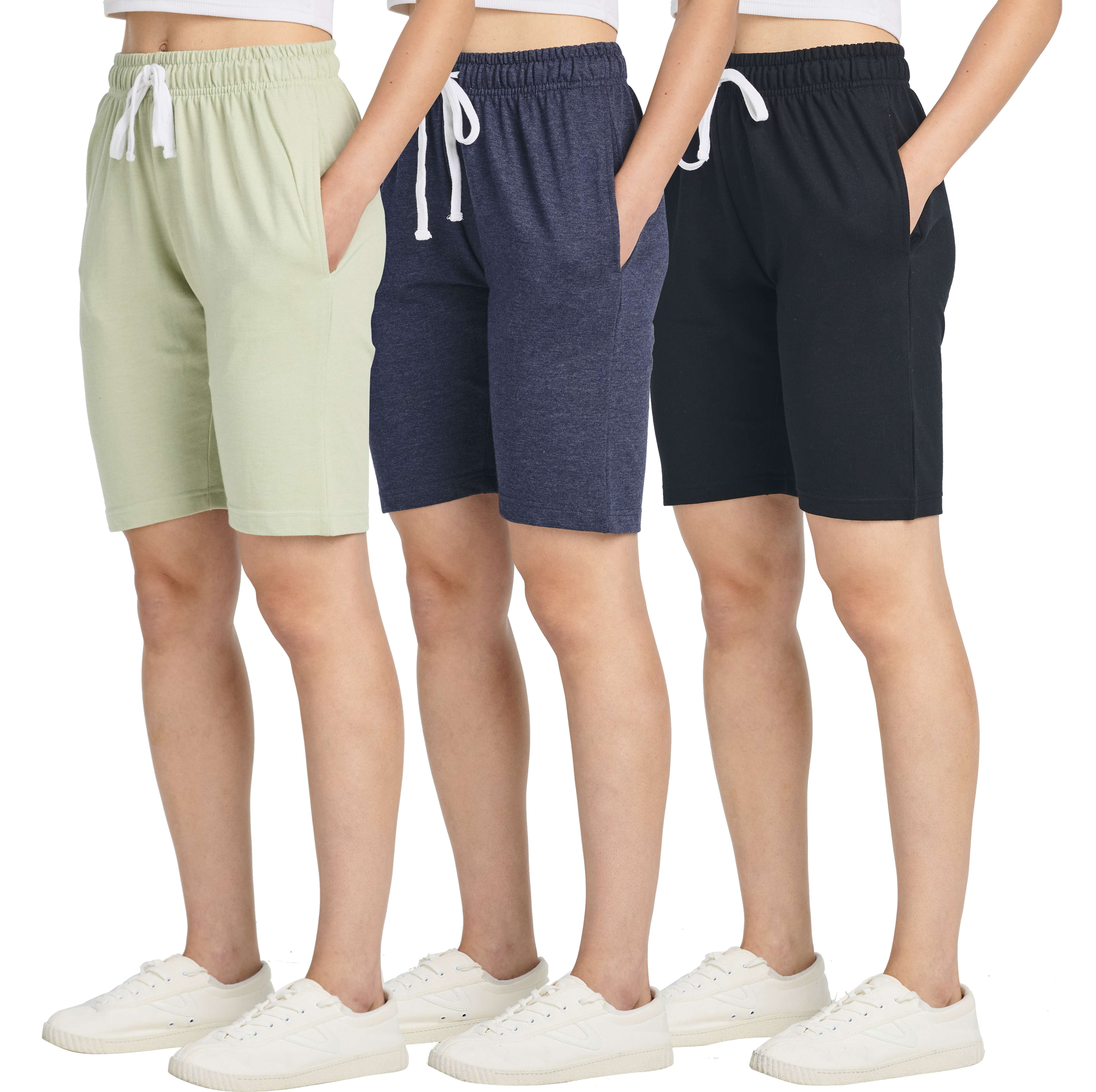 Real Essentials 3 Pack: Womens Cotton French Terry 9" Bermuda Short Pockets-Casual Lounge ...