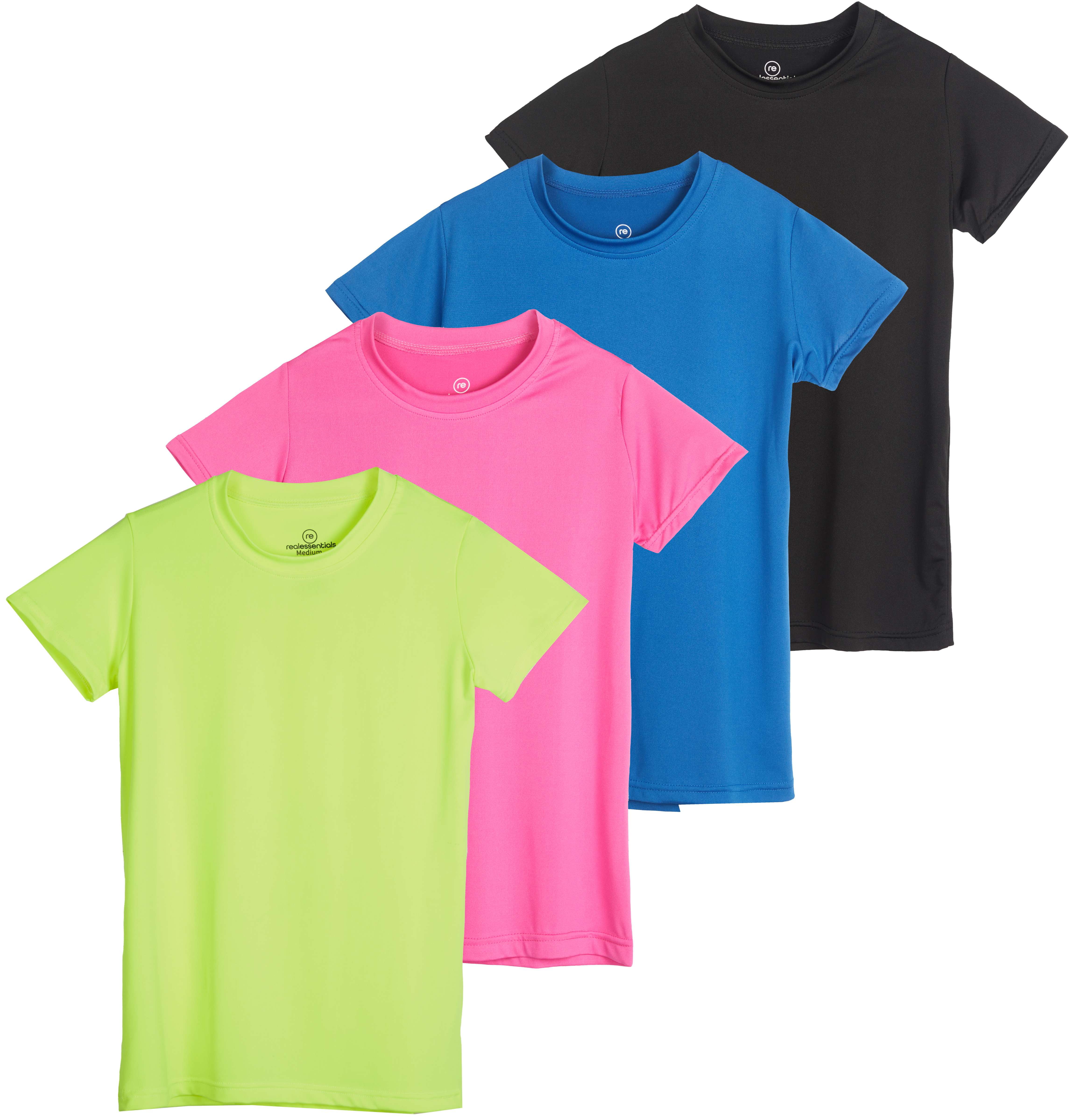 Real Essentials 4 Pack: Girls Short Sleeve Dry-Fit Crew Neck Active ...