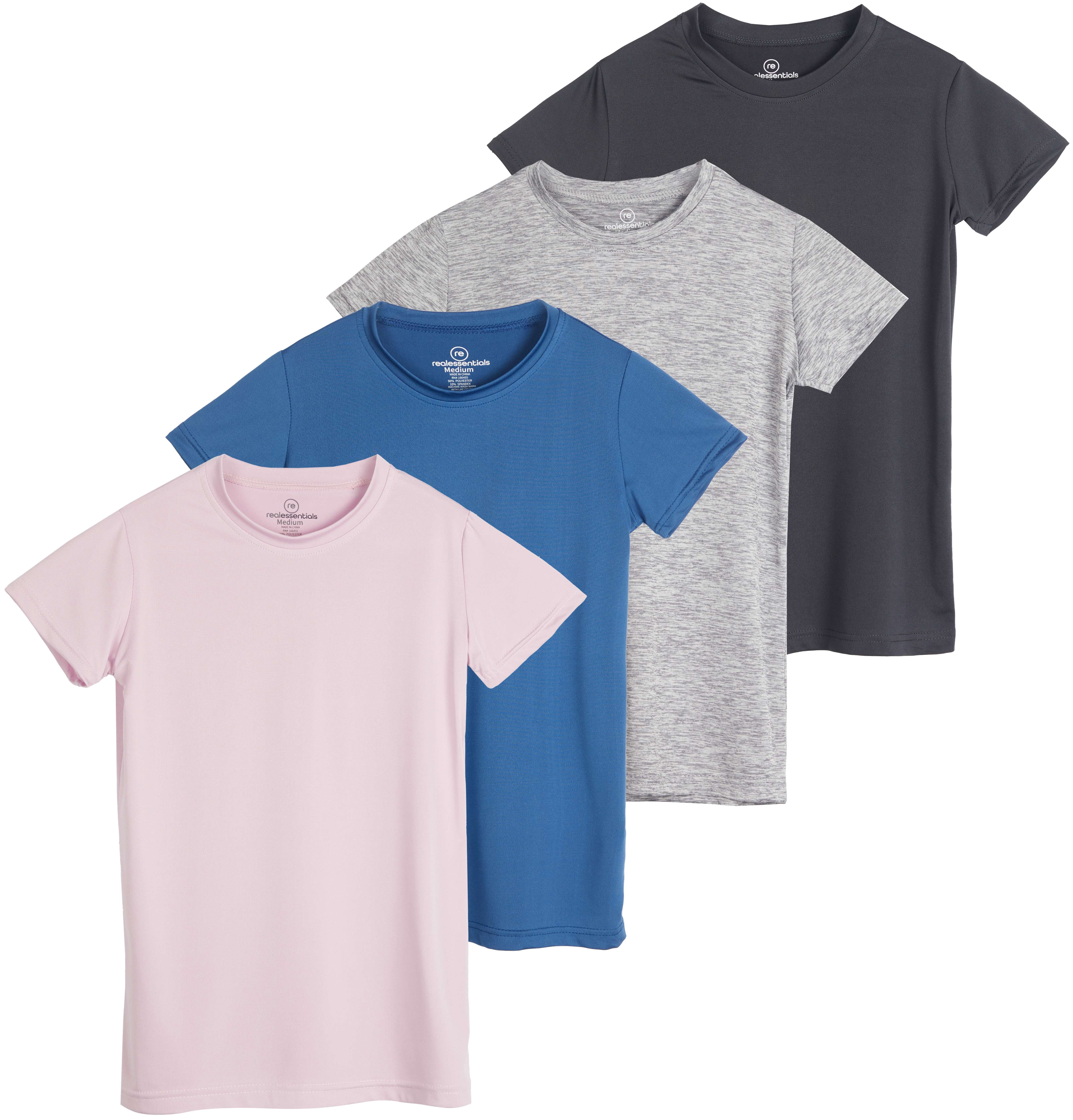 Real Essentials 4 Pack: Girls Short Sleeve Dry-Fit Crew Neck Active ...