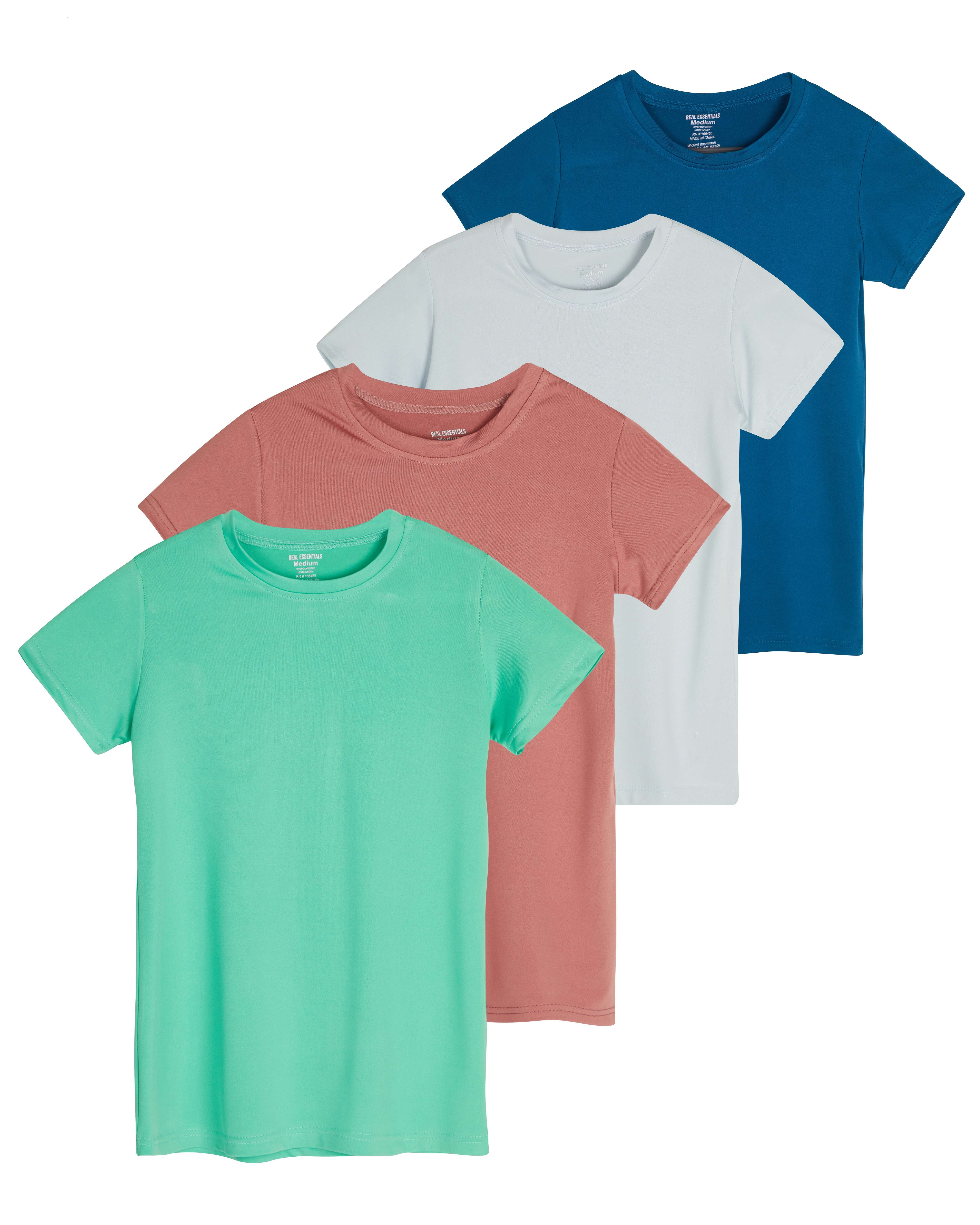Real Essentials 4 Pack: Girls Short Sleeve Dry-Fit Crew Neck Active ...