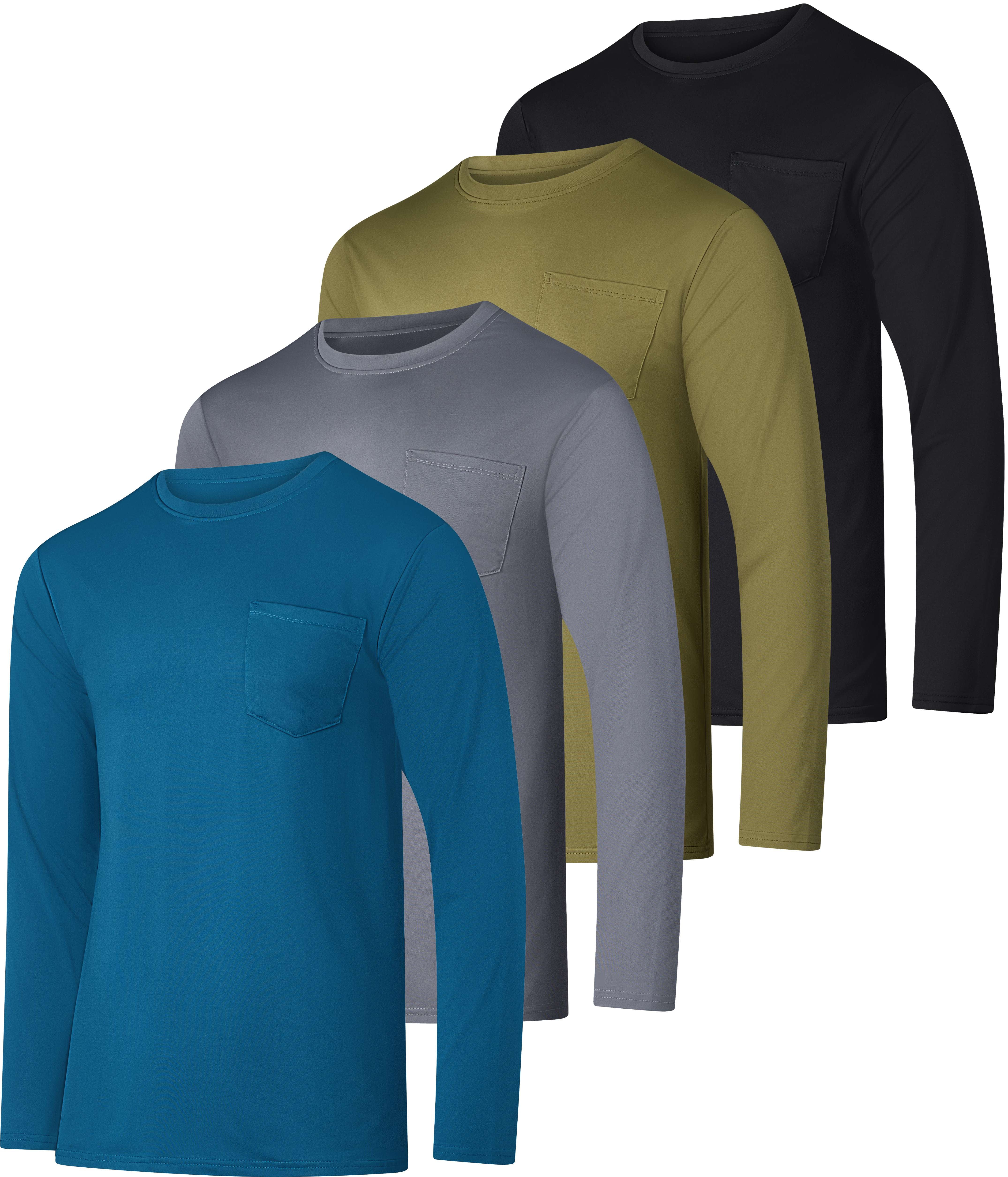 Real Essentials 4 Pack: Men's Dry-Fit Active Athletic Long Sleeve Pocket Crew T-Shirt Outdoors ...