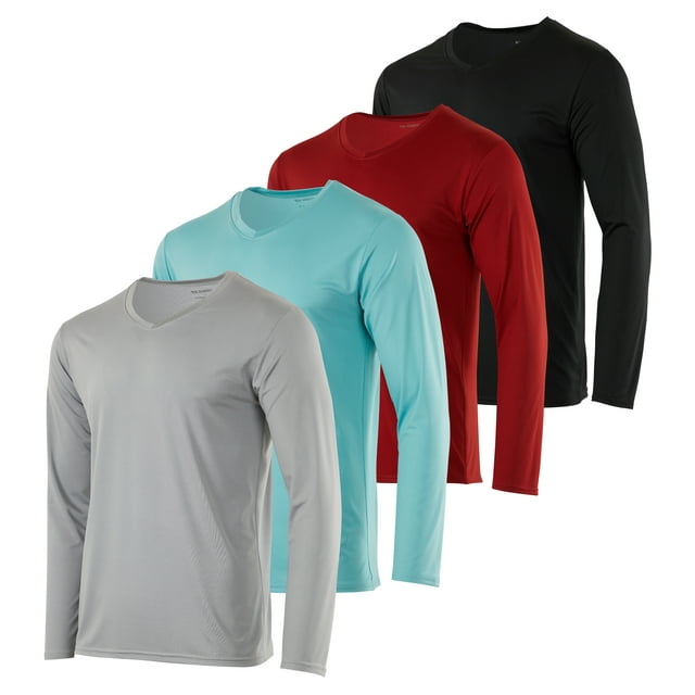 Real Essentials 4 Pack: Men's Dry Fit Long Sleeve V-Neck Active T-Shirt - Athletic Outdoor UPF ...
