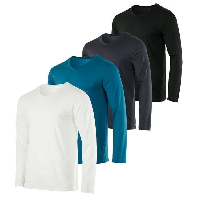 Real Essentials 4 Pack: Men's Dry Fit Long Sleeve V-Neck Active T-Shirt - Athletic Outdoor UPF ...