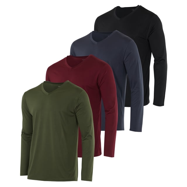 Real Essentials 4 Pack: Men's Long Sleeve V-Neck Active T-Shirt - Quick ...