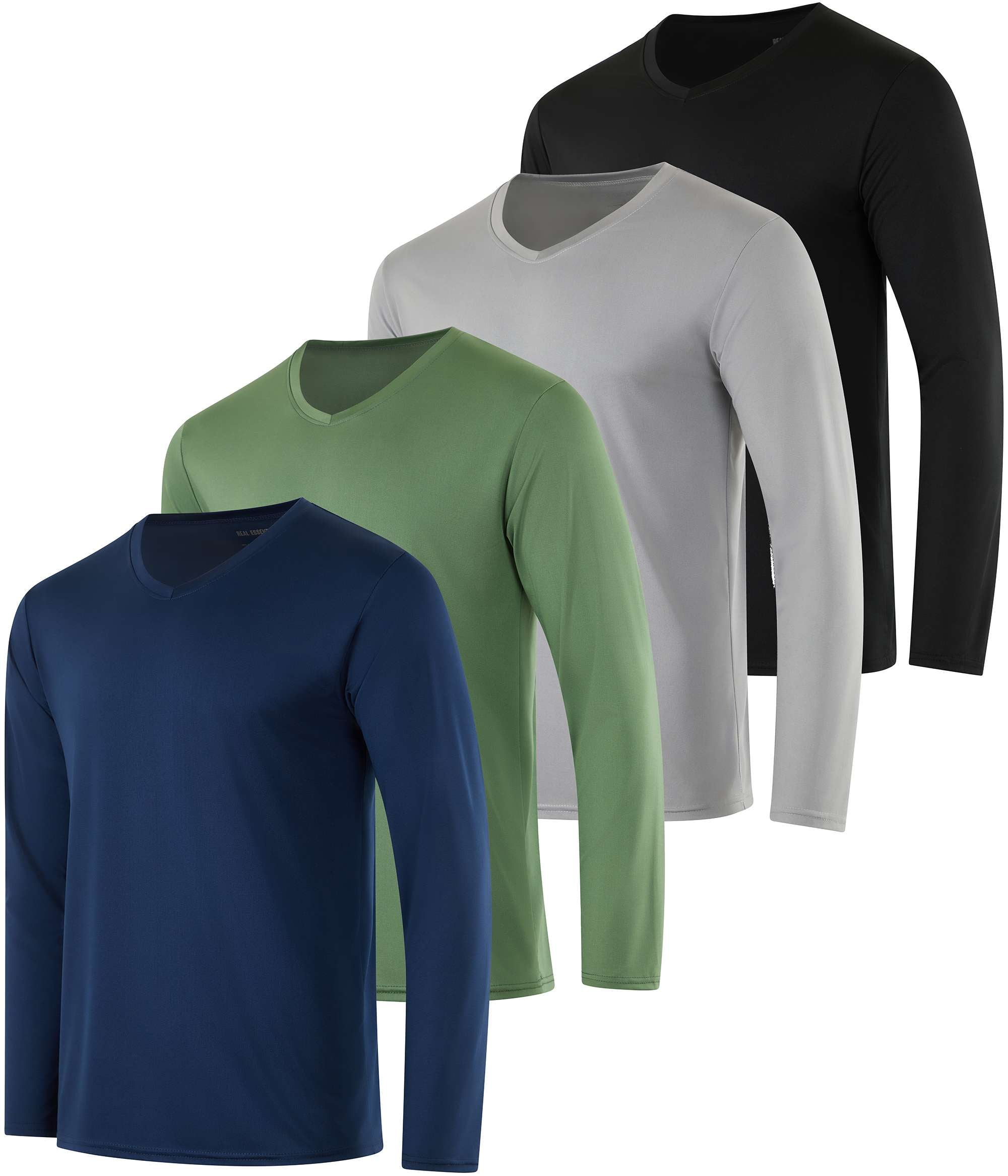 Real Essentials 4 Pack: Men's Dry Fit Long Sleeve V-Neck Active T-Shirt - Athletic Outdoor UPF ...