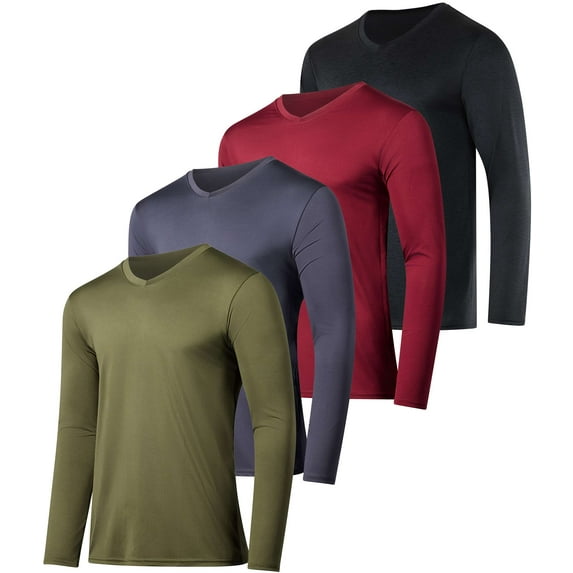 Real Essentials 4 Pack: Men's Long Sleeve V-Neck Active T-Shirt - Quick Dry, UPF 50+, Gym ...