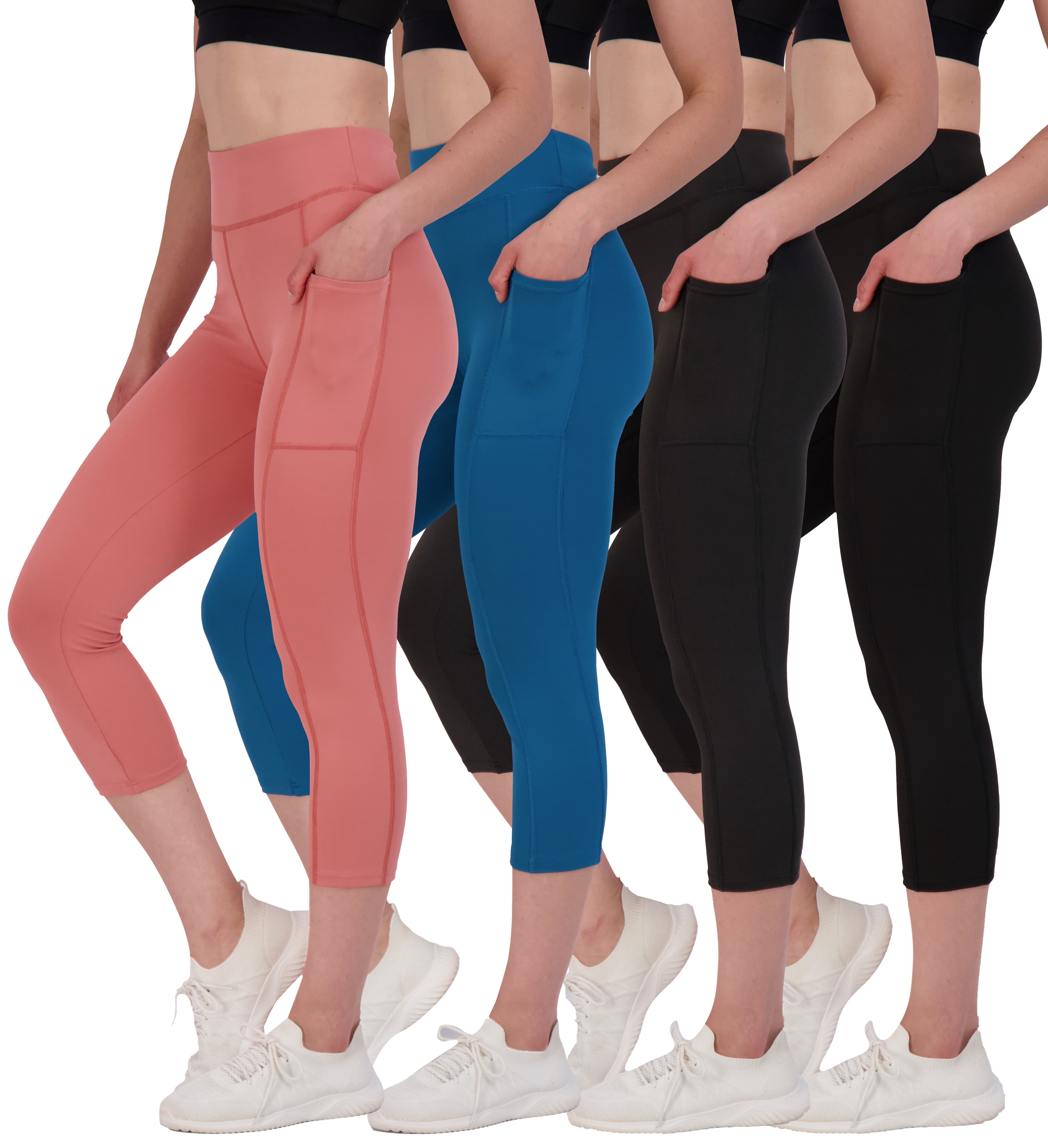Real Essentials Women's Active Capri Leggings, 4 Pack, Yoga Pants with ...
