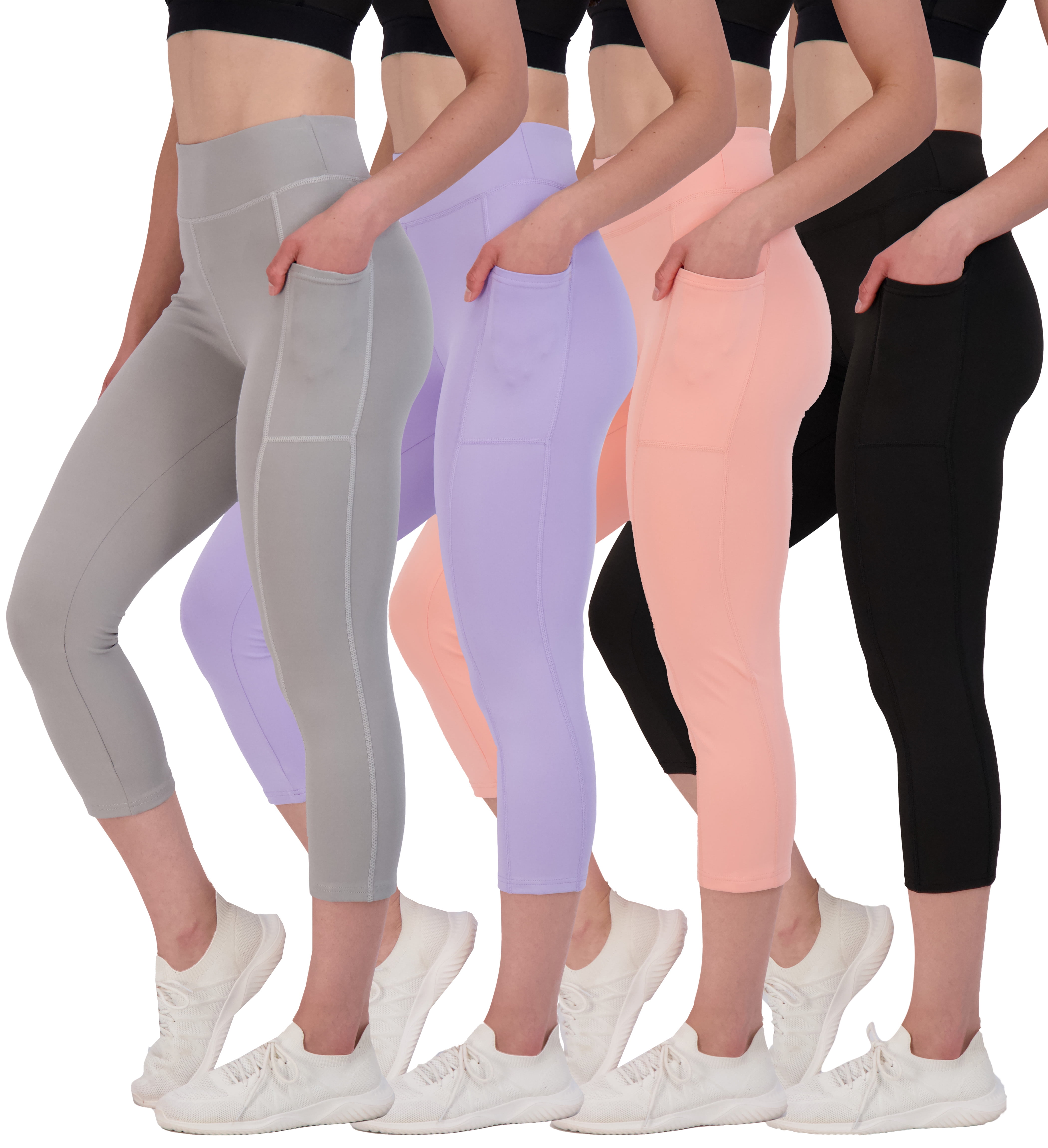 Real Essentials 4 Pack: Women's Capri Leggings with Pockets Casual Yoga ...