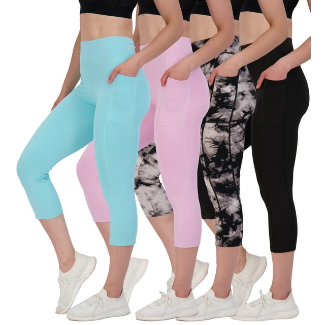 Real Essentials 4 Pack: Women's Capri Leggings with Pockets Casual Yoga ...